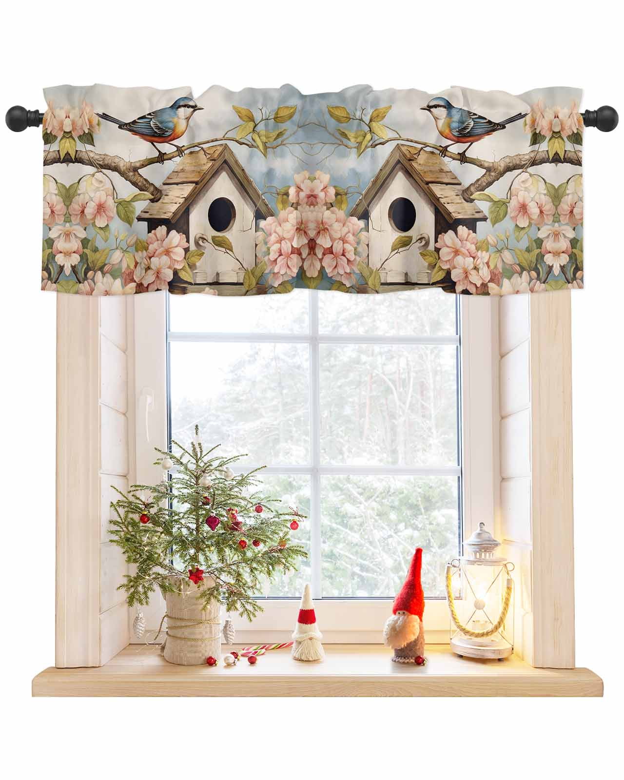 Valances for Windows, Spring Birds Retro Birdhouse Flowers Rod Pocket ...