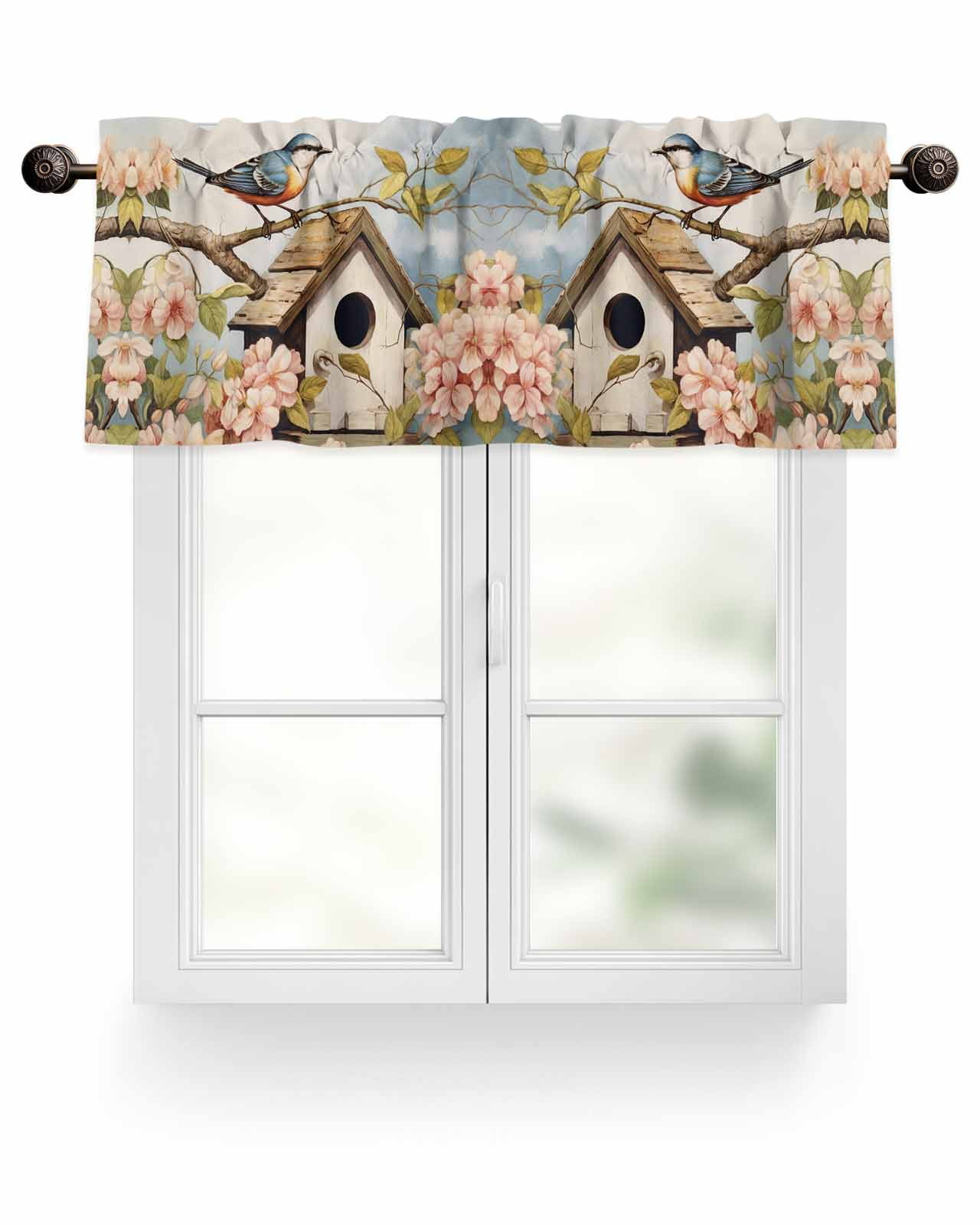 Valances for Windows Spring Birds Retro Birdhouse Flowers Valance Rod ...