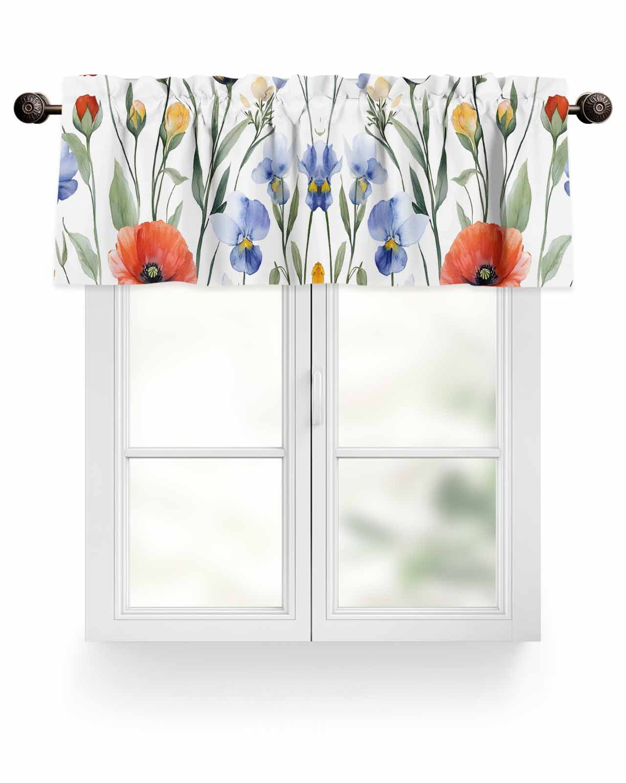 Valances for Windows Spring Floral Blue Yellow Red Poppy Watercolor ...