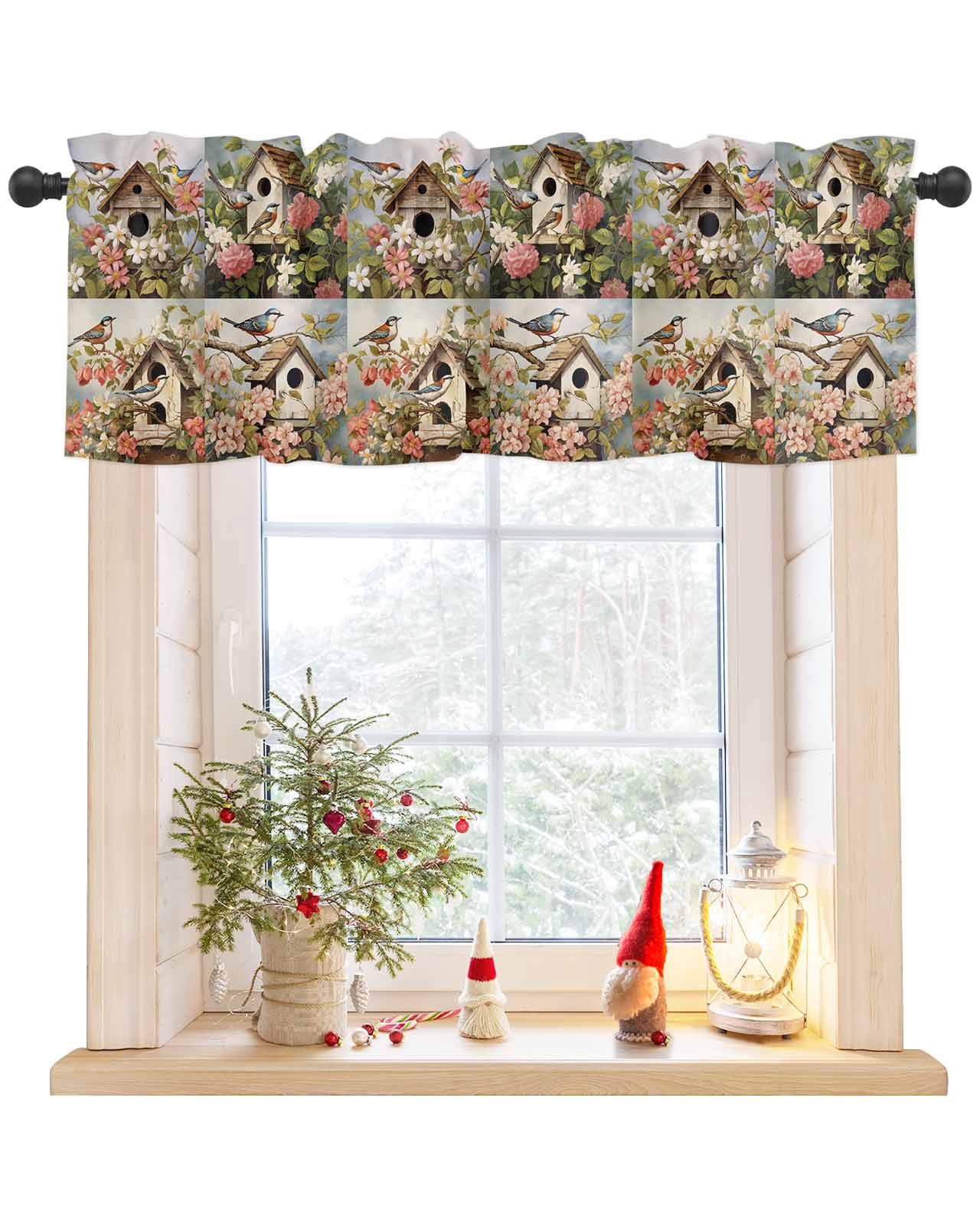 Valances for Windows, Spring Vintage Birdhouse Birds and Flowers Rod ...