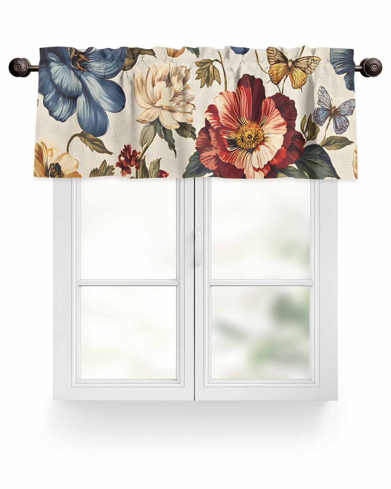 Valances for Windows Spring Vintage Red Flower Blue Butterfly Leaves ...