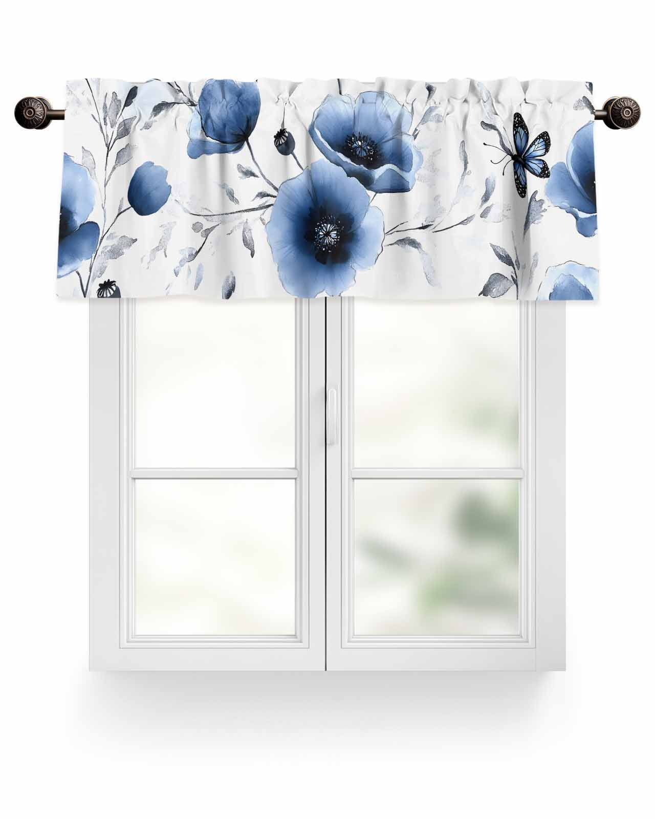 Valances for Windows Spring Watercolor Dark Blue Flower Floral Plant ...