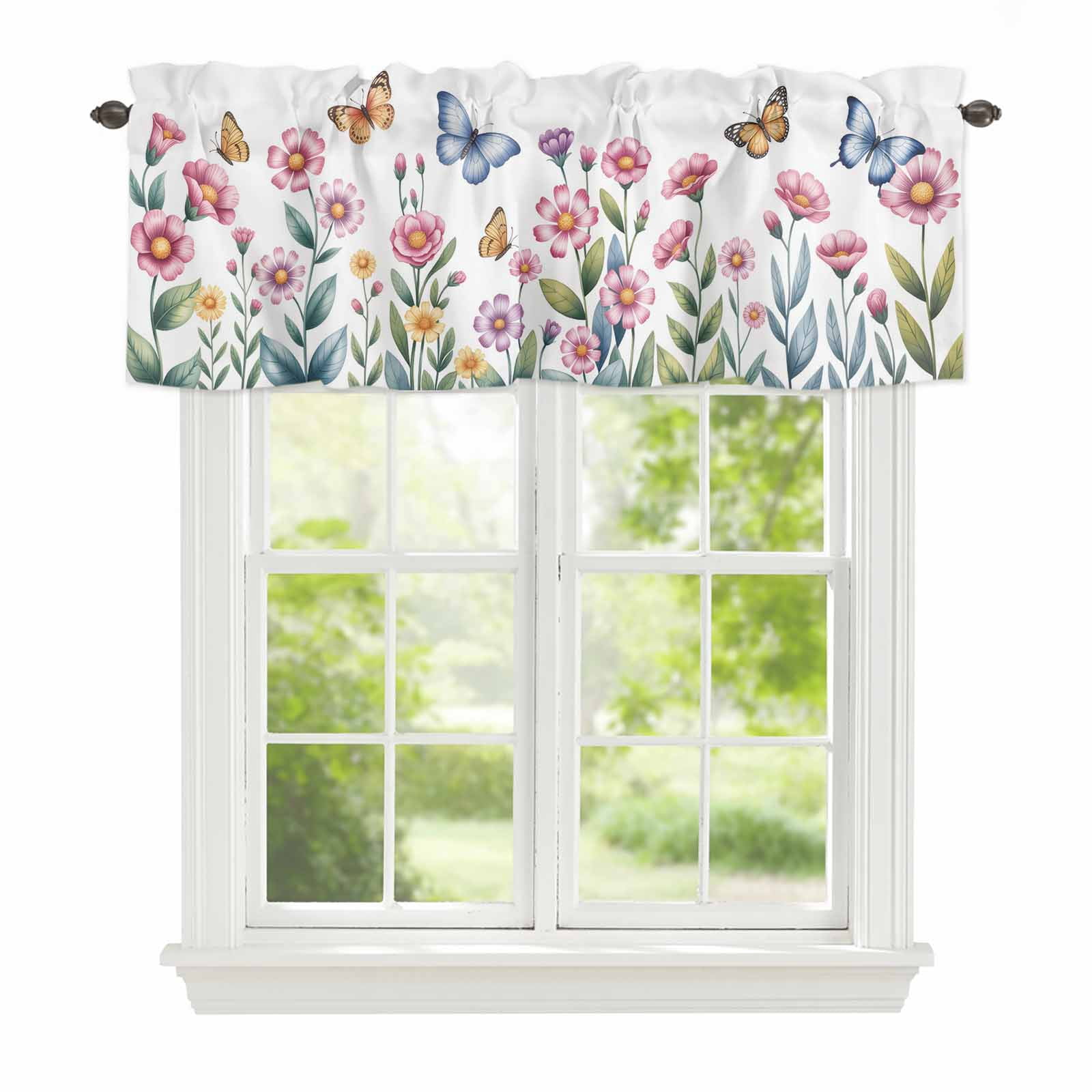 Valances for Windows Spring Watercolor Flower Leaves Rod Pocket Short ...