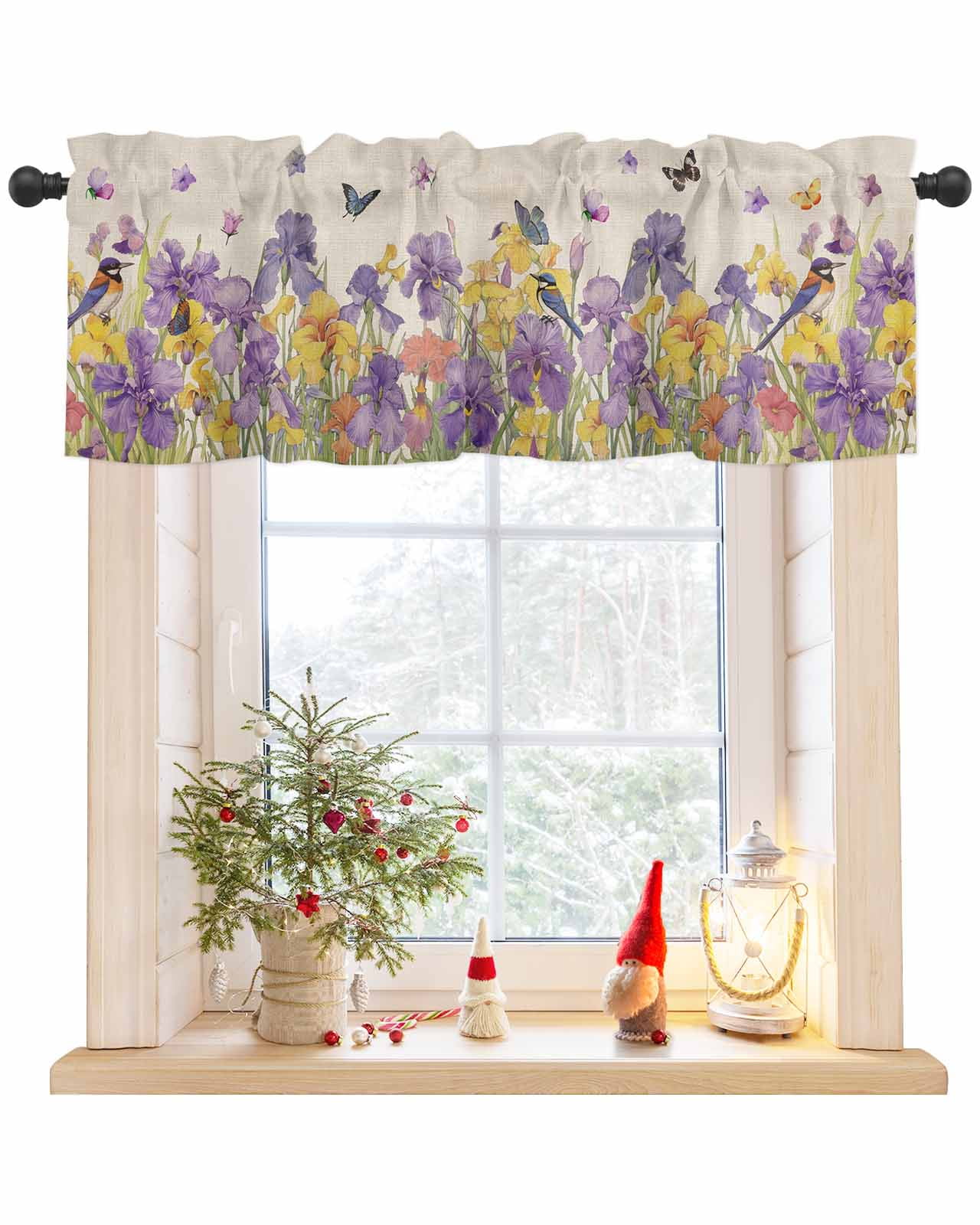 Valances for Windows, Spring Watercolor Purple Iris with Butterfly Beige Rod Pocket Short Window ...
