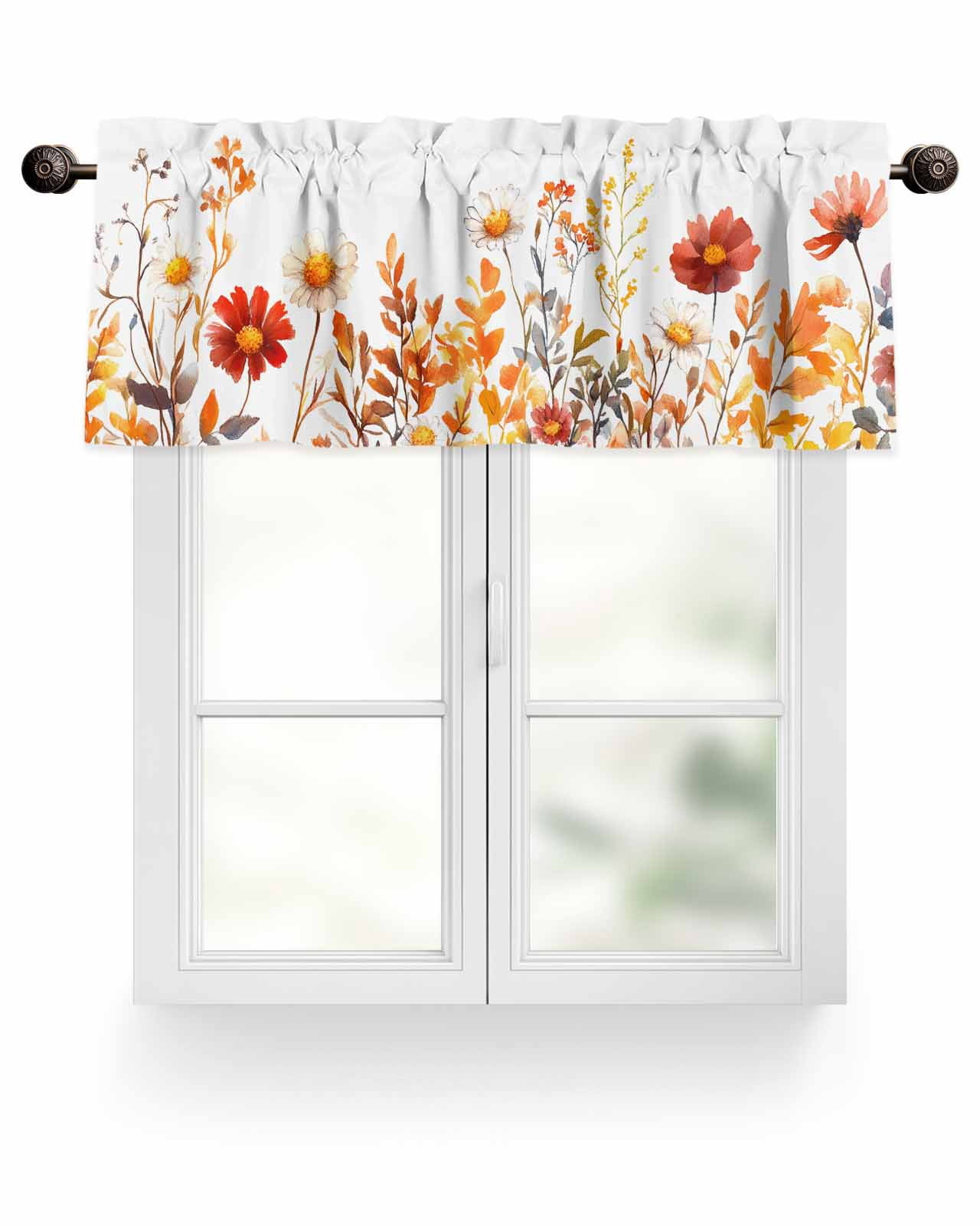 Valances for Windows Spring Watercolor Red Daisy Flower Orange Leaves ...