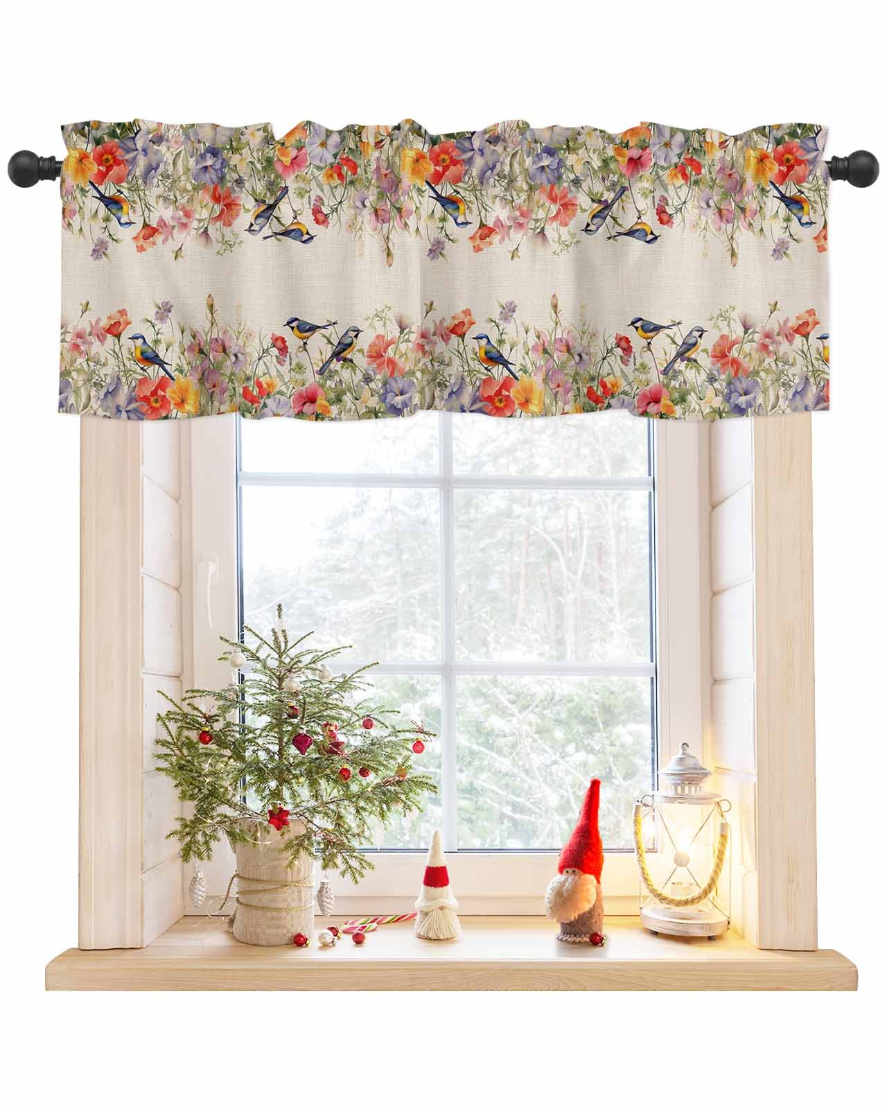 Valances for Windows, Spring Watercolor Wild Flowers Floral with Birds ...