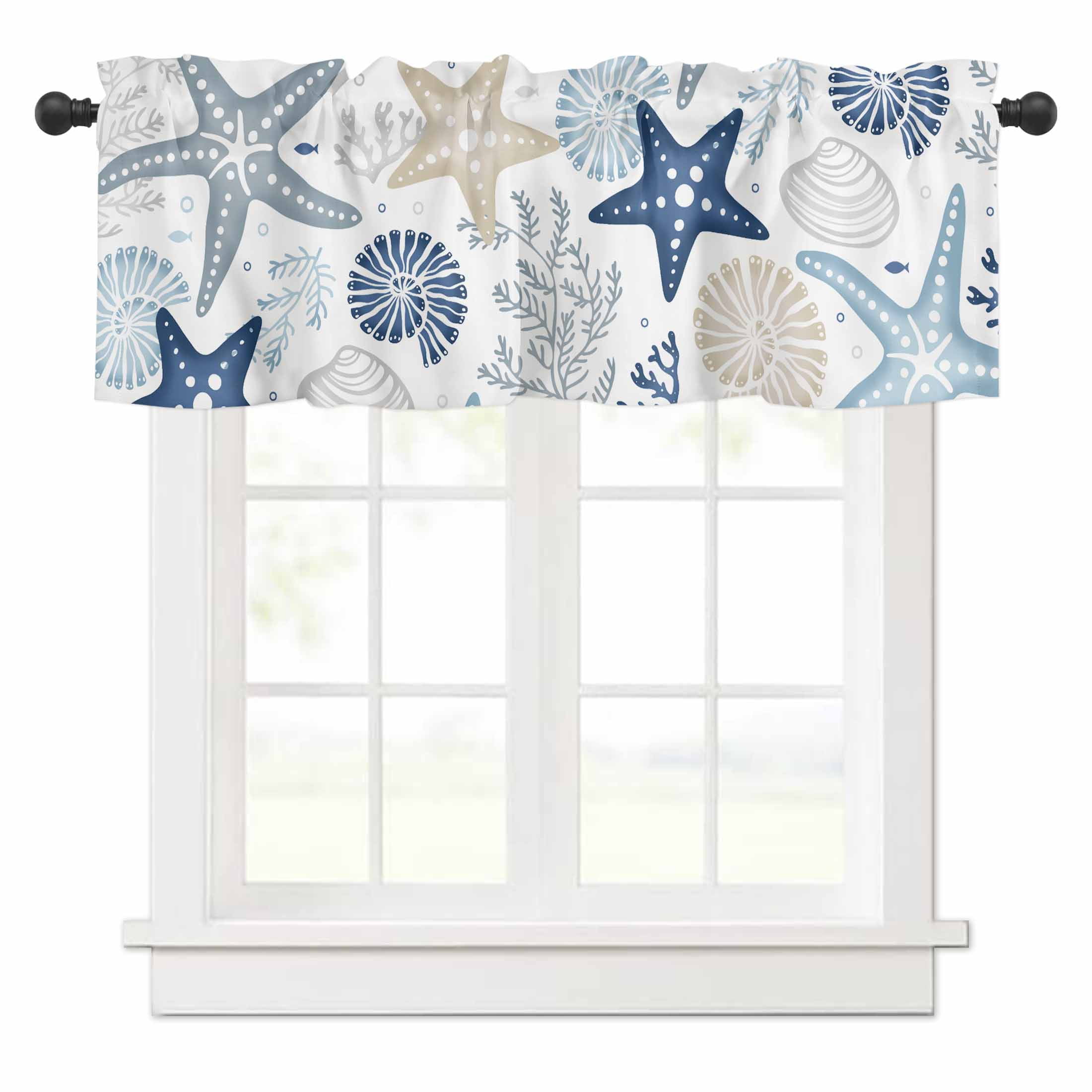 Valances for Windows Summer Ocean Blue Khaki Coral Starfish Seashells ...