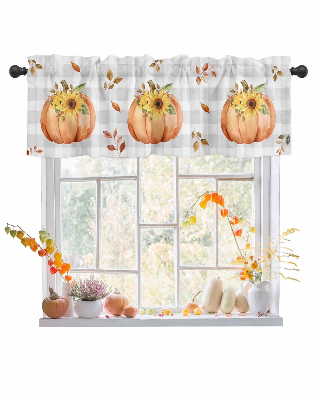 Valances for Windows, Sunflower Sunflower Leaf Fall Thanksgiving Gray ...