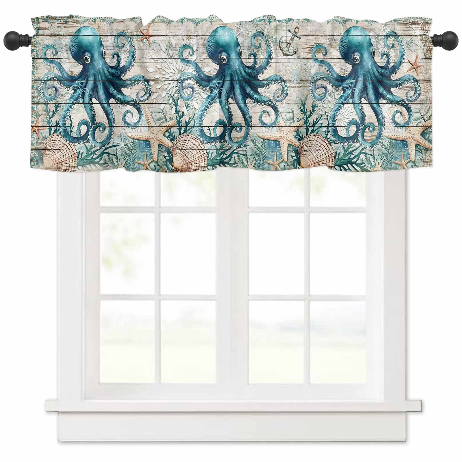 Valances for Windows, Teal Octopus Coastal Light Filtering Window ...