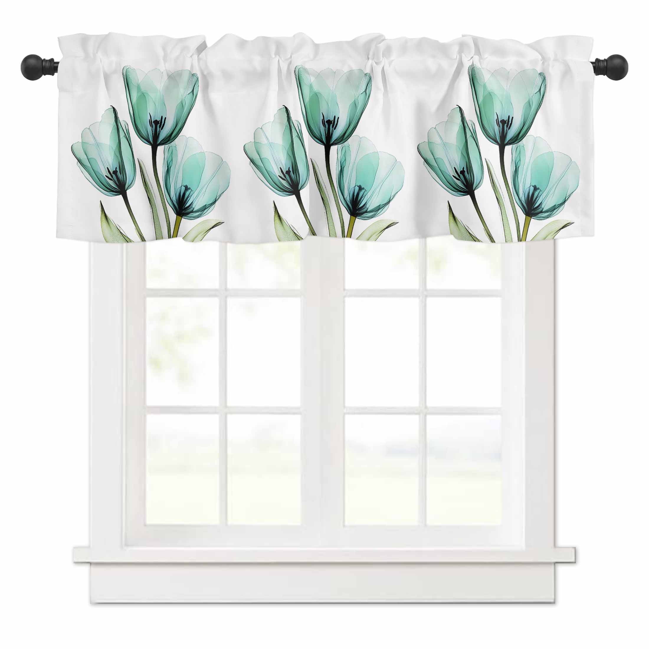Valances for Windows Teal Tulips Transparent Floral Botanical Leaf ...