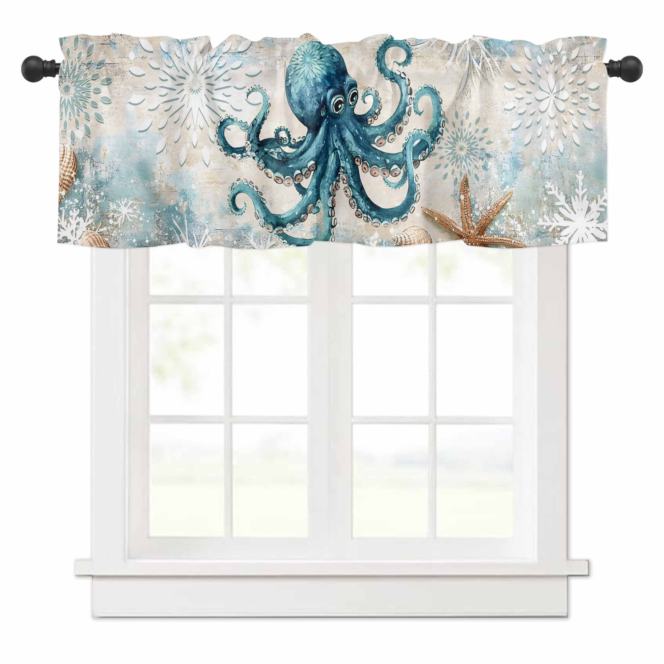 Valances for Windows Teal Turquoise Octopus Summer Ocean Coastal Marine ...