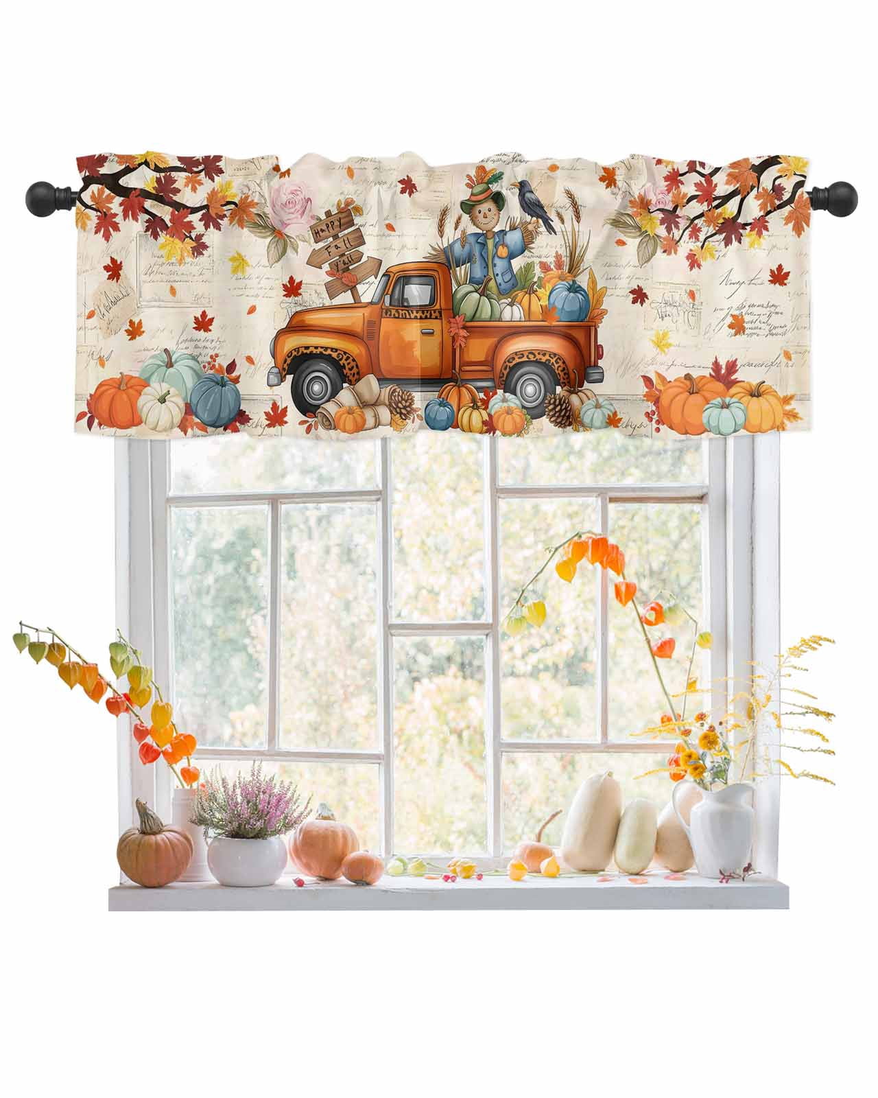 Valances for Windows, Thanksgiving Orange Truck Fall Scarecrows Maple ...