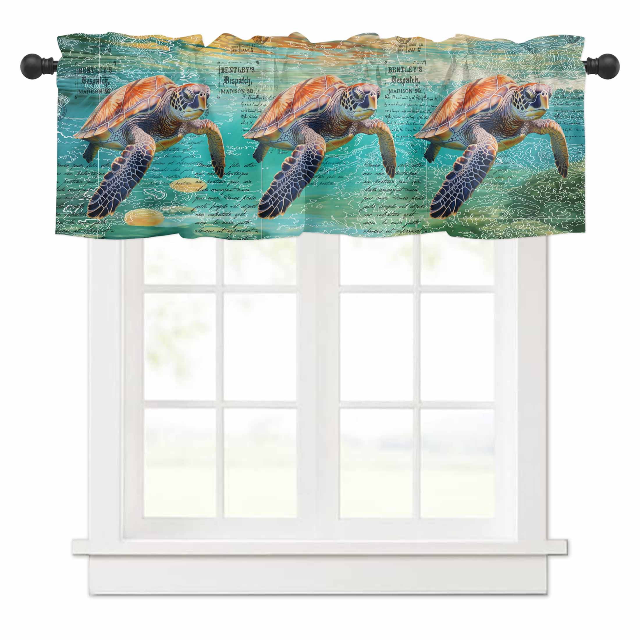 Valances for Windows Vintage Blue Ocean Abstract Sea Turtle Map Valance ...