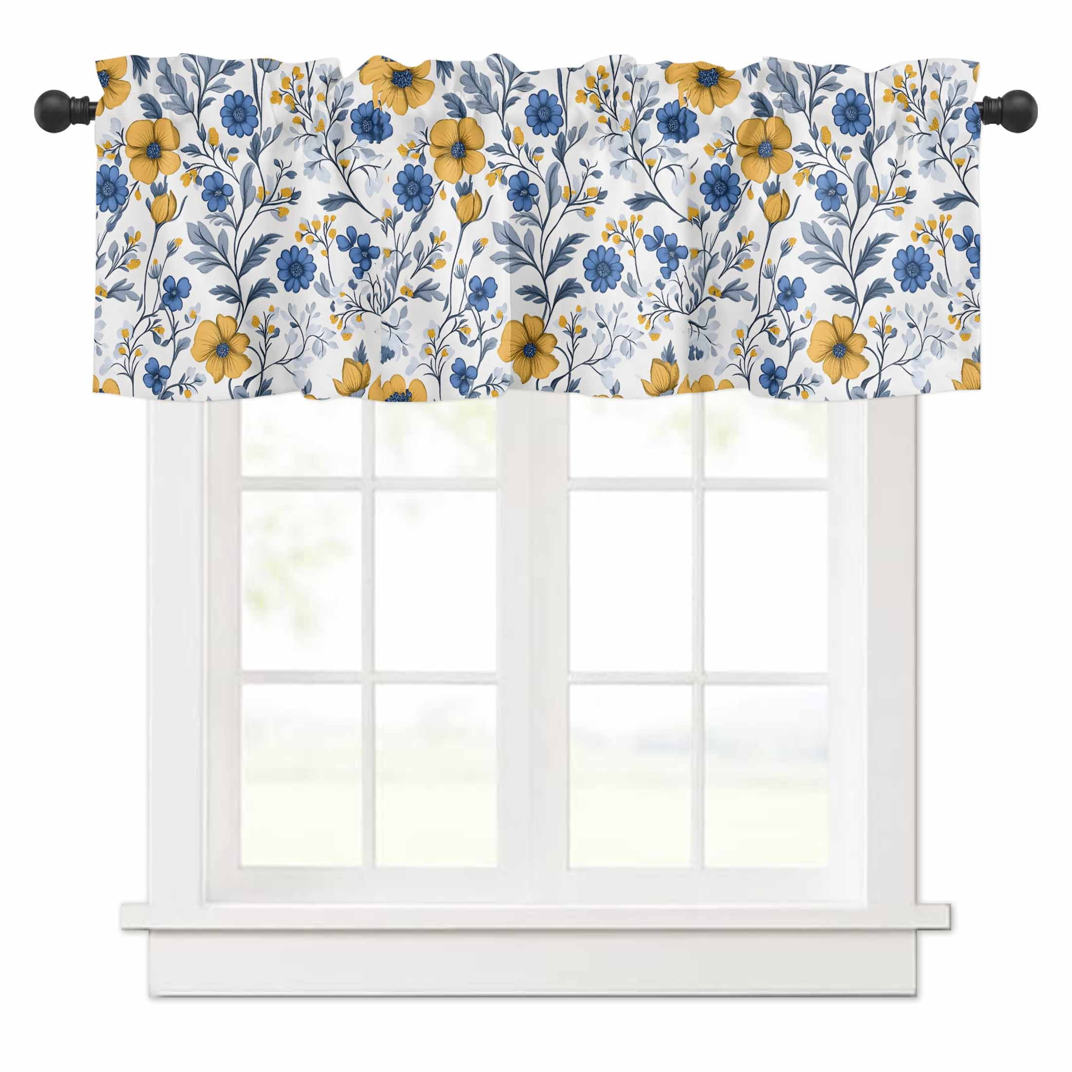 Valances for Windows Vintage Yellow Blue Flower Abstract Floral Valance ...