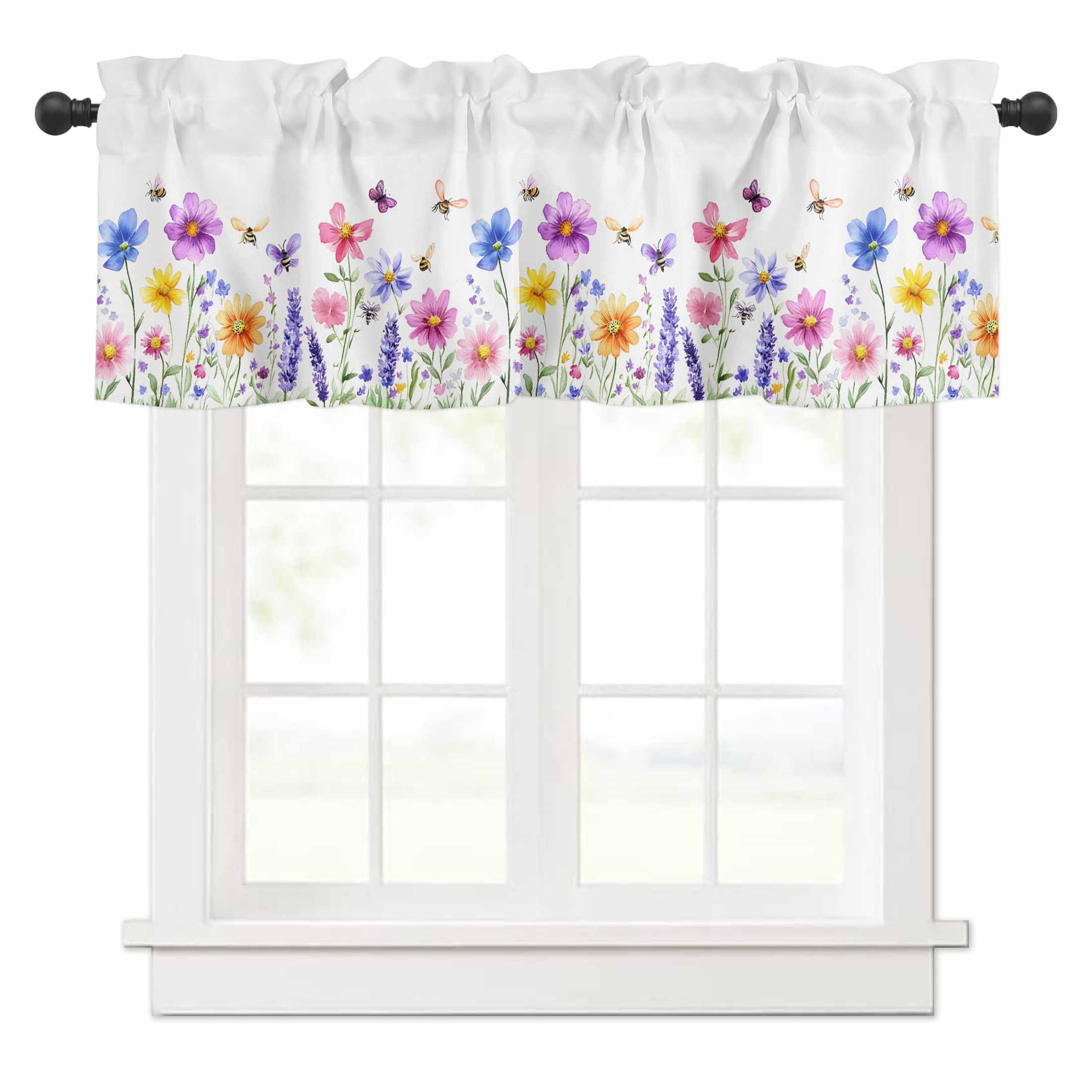Valances for Windows Watercolor Flower Bee Window Valances Rod Pocket ...