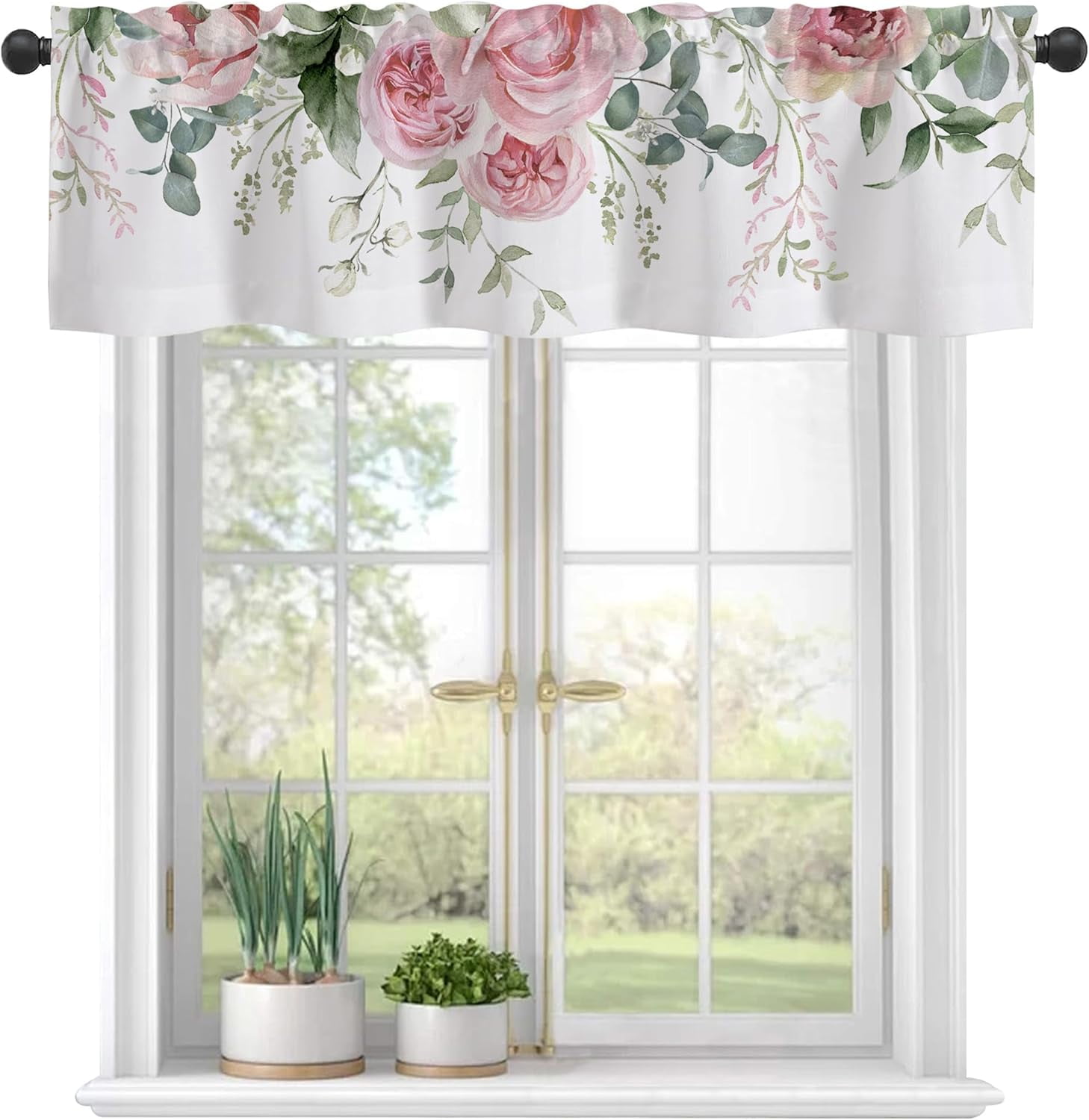 Valances for Windows,Watercolor Pink Flowers and Eucalyptus Semi Sheer ...