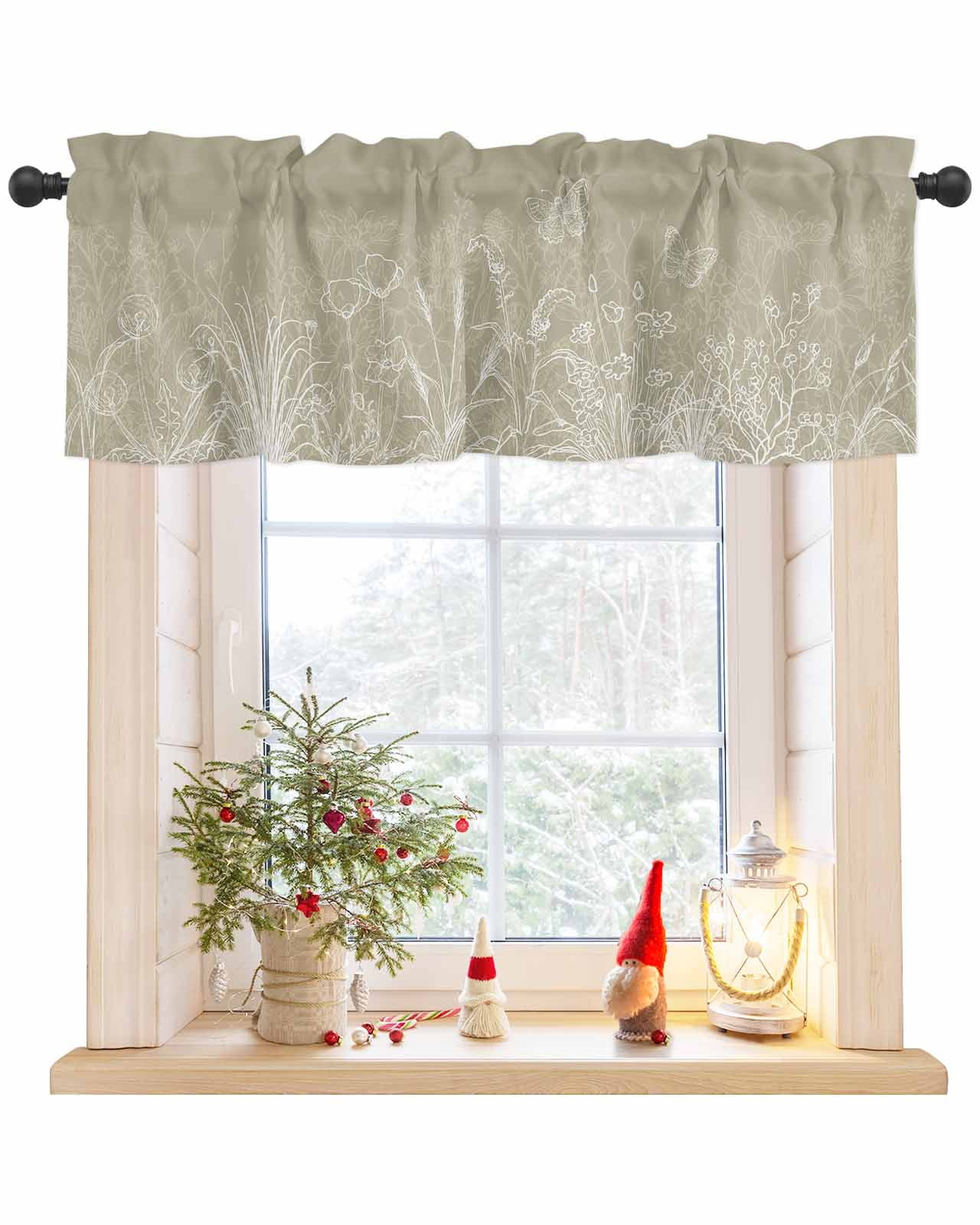 Valances for Windows, White Flowers Butterfly Plants Hand Drawing Brown ...