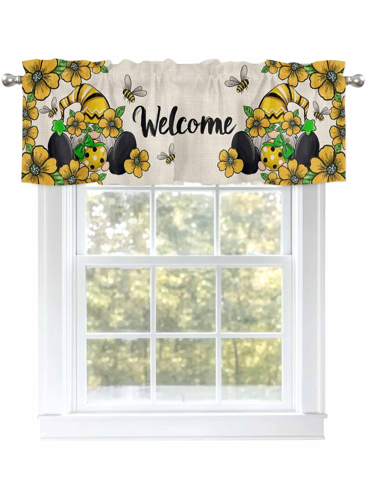 Valances for Windows Yellow Sunflower Welcome Gnome Bee Bow Vintage ...