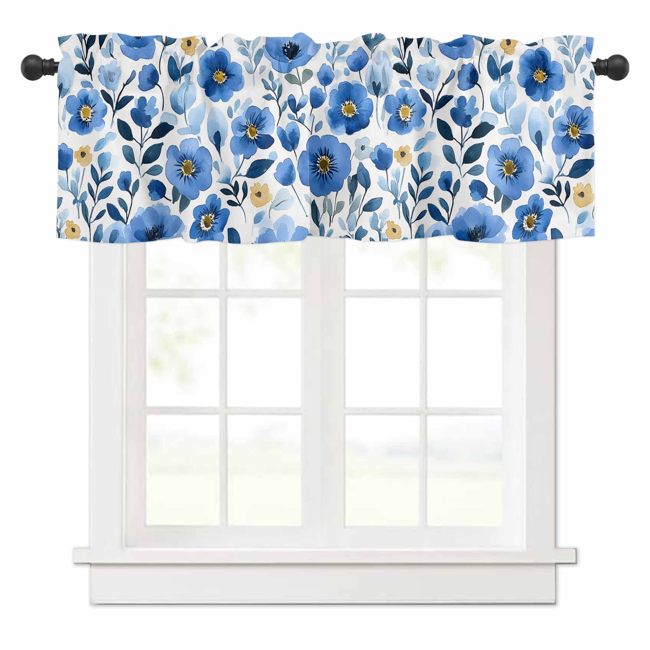 Valances for Windows Blue Floral Window Valances Rod Pocket Watercolor ...