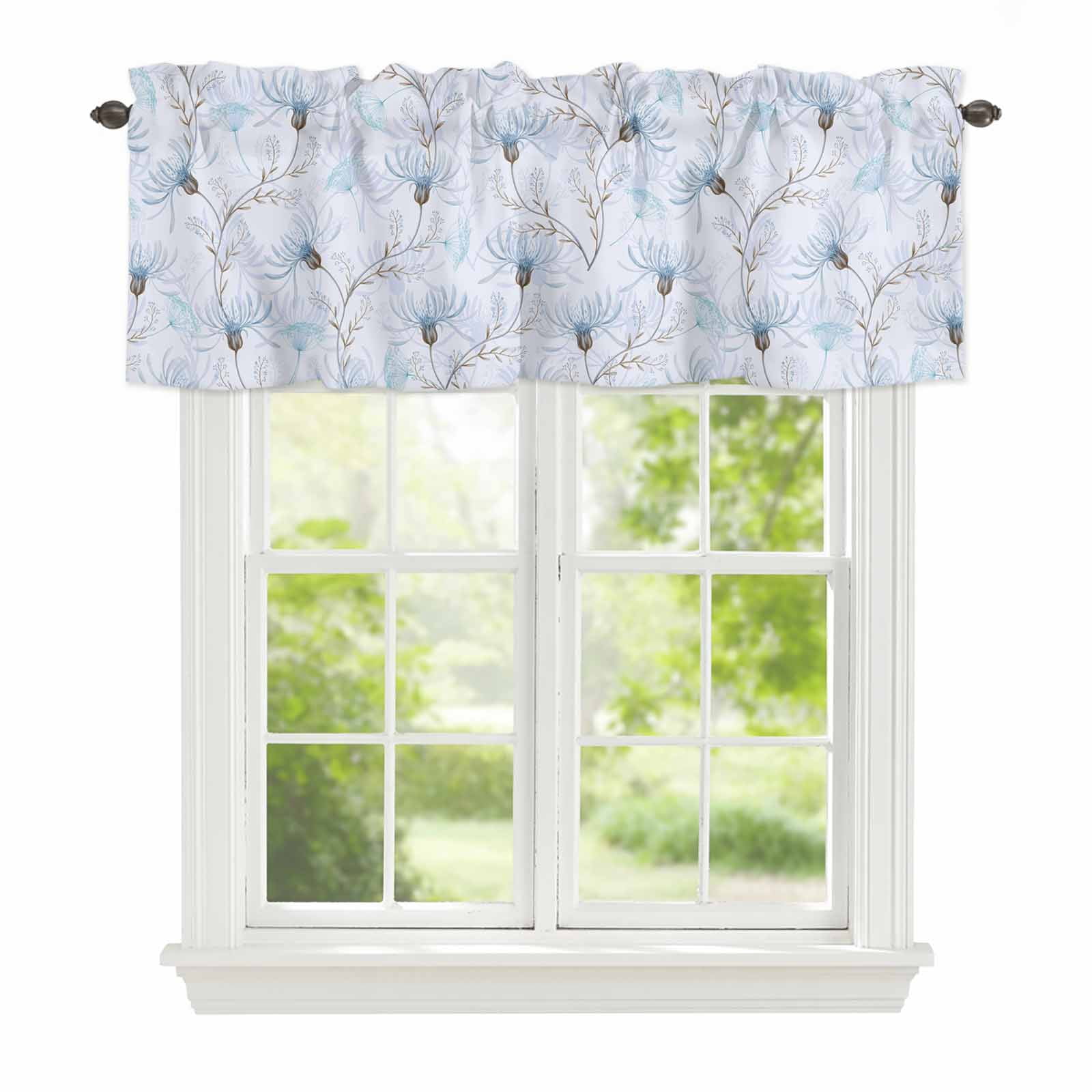 Valances for Windows Blue Flower Abstract Leaves Rod Pocket Short ...