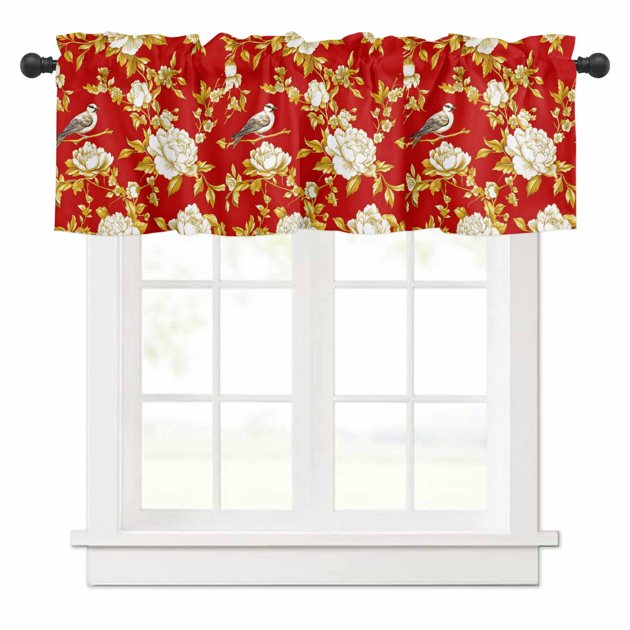 Valances for Windows Branch Bird Window Valances Rod Pocket Gold Flower ...