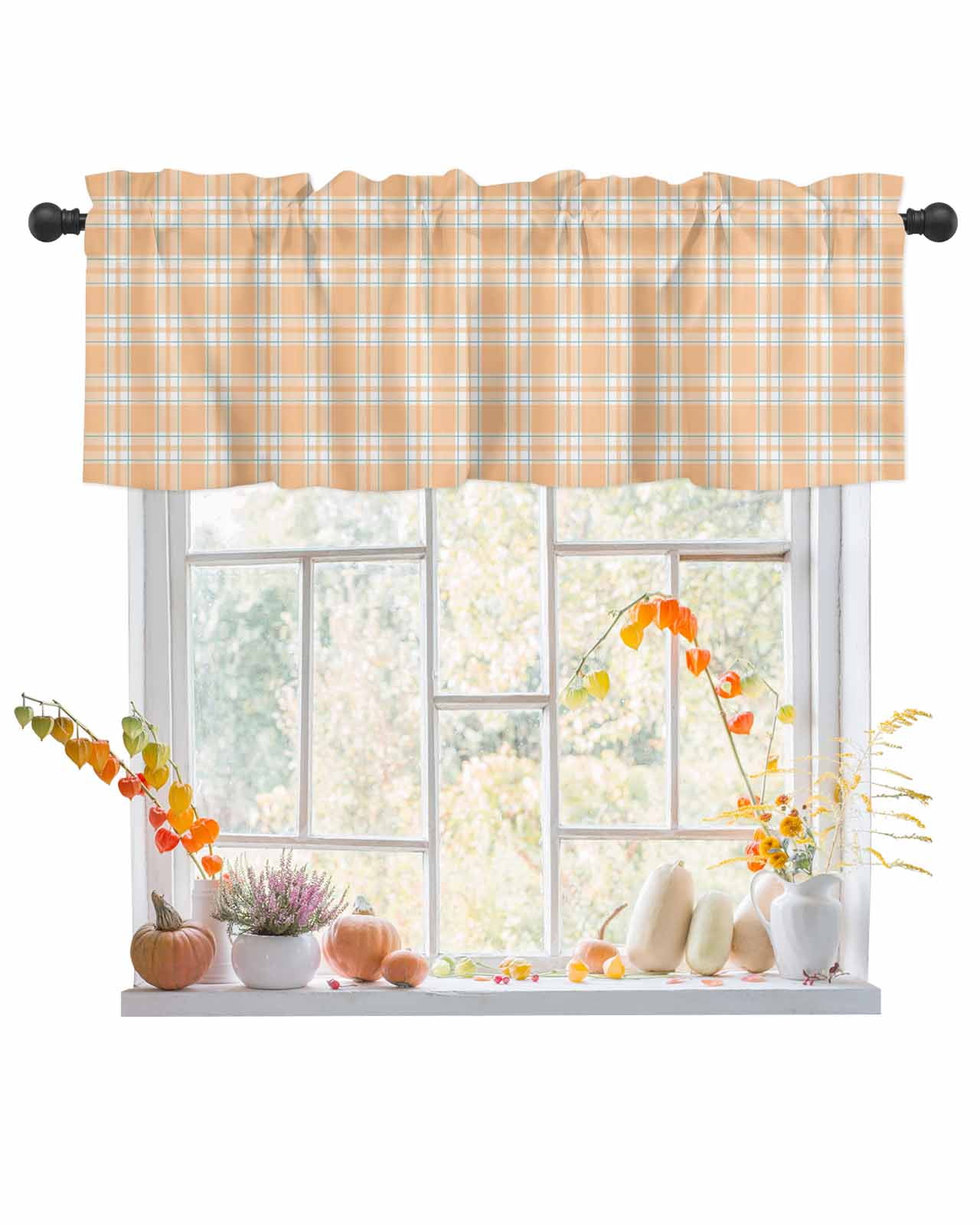 Valances for Windows Light Orange Plaid Rod Pocket Cafe Window ...