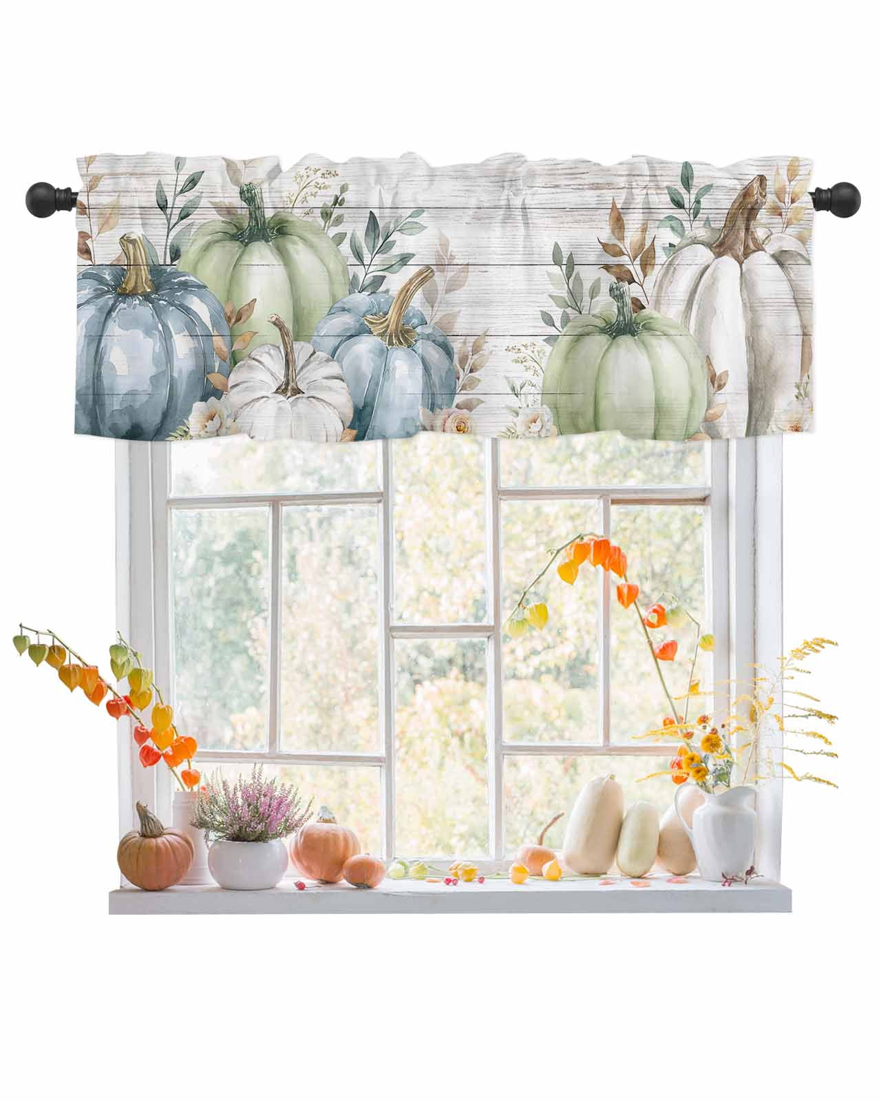 Valances for Windows Thanksgiving Blue Green White Pumpkin Fall Rod ...