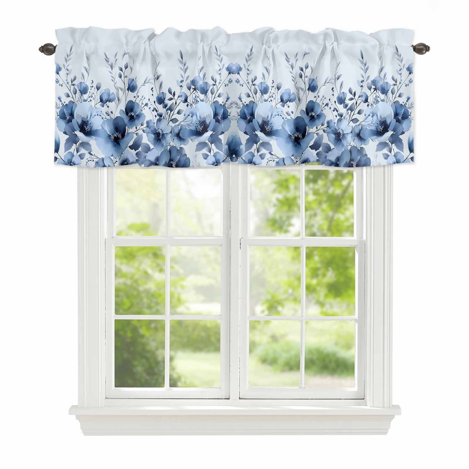 Valances for Windows Watercolor Blue Flower Leaves Rod Pocket Short ...