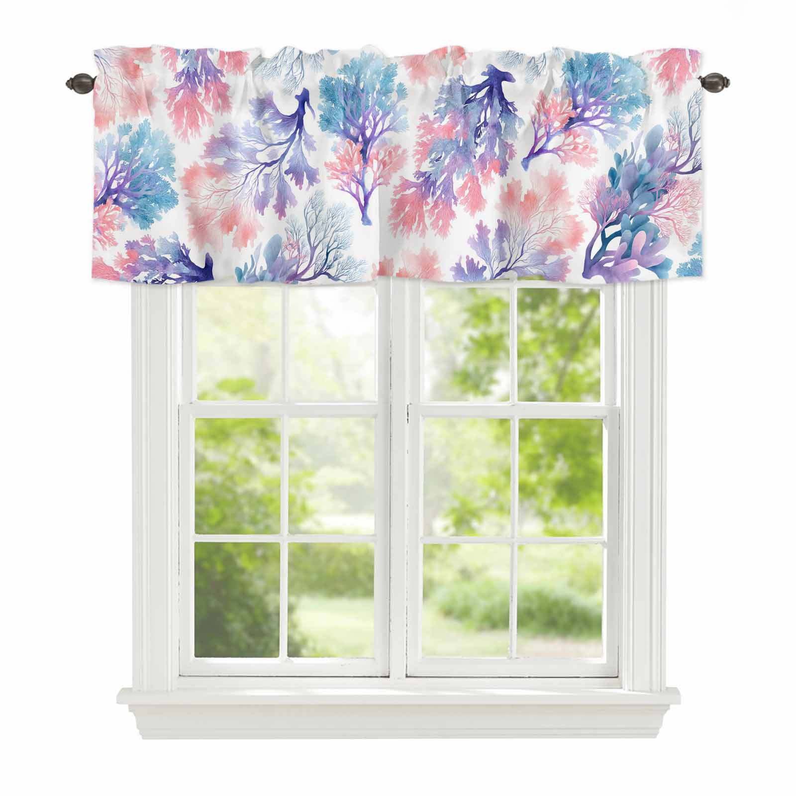 Valances for Windows Watercolor Sea Corals Rod Pocket Short Curtain for ...