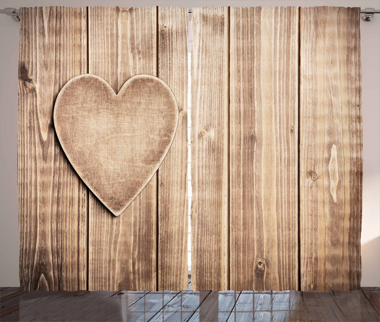 Ambesonne Valentines Day Curtains 2 Panel Set, Rustic Heart Planks, 108 ...