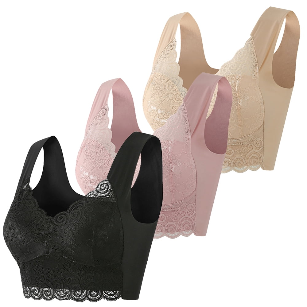 Valcatch 3 Pack Women's Seamless Floral Lace Bra Thin Wirefree Push up ...