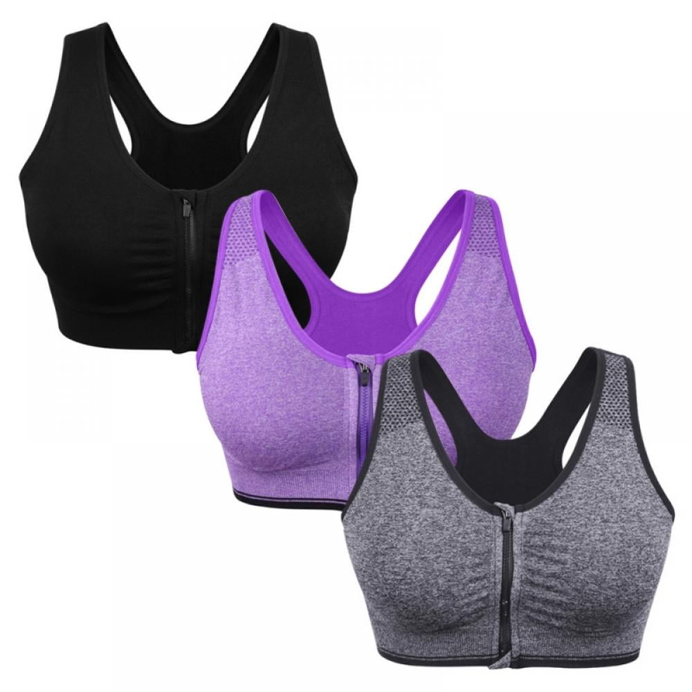 Valcatch 3 Pack Women's Zip Front Sports Bra Wireless Padded Push up ...