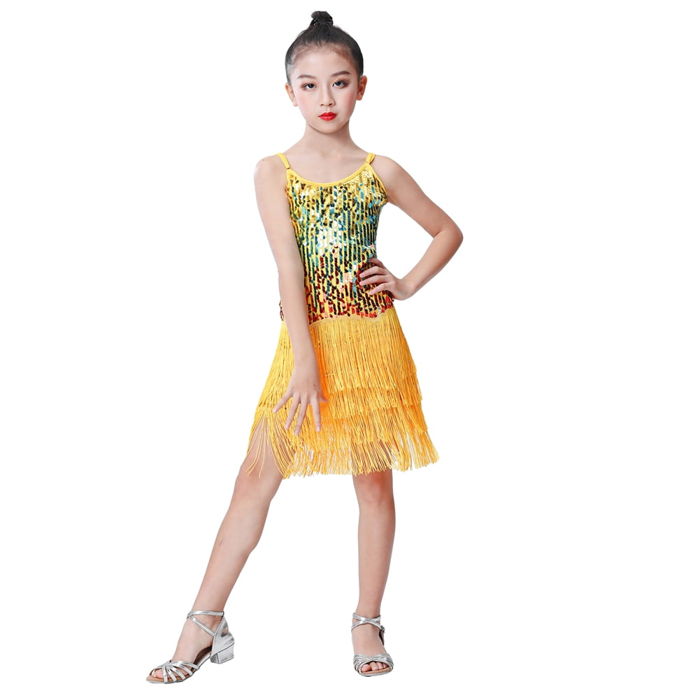 Valcatch Girl's Sequin Tassel Dress Latin Dance Skirt Clothes Sparkling ...
