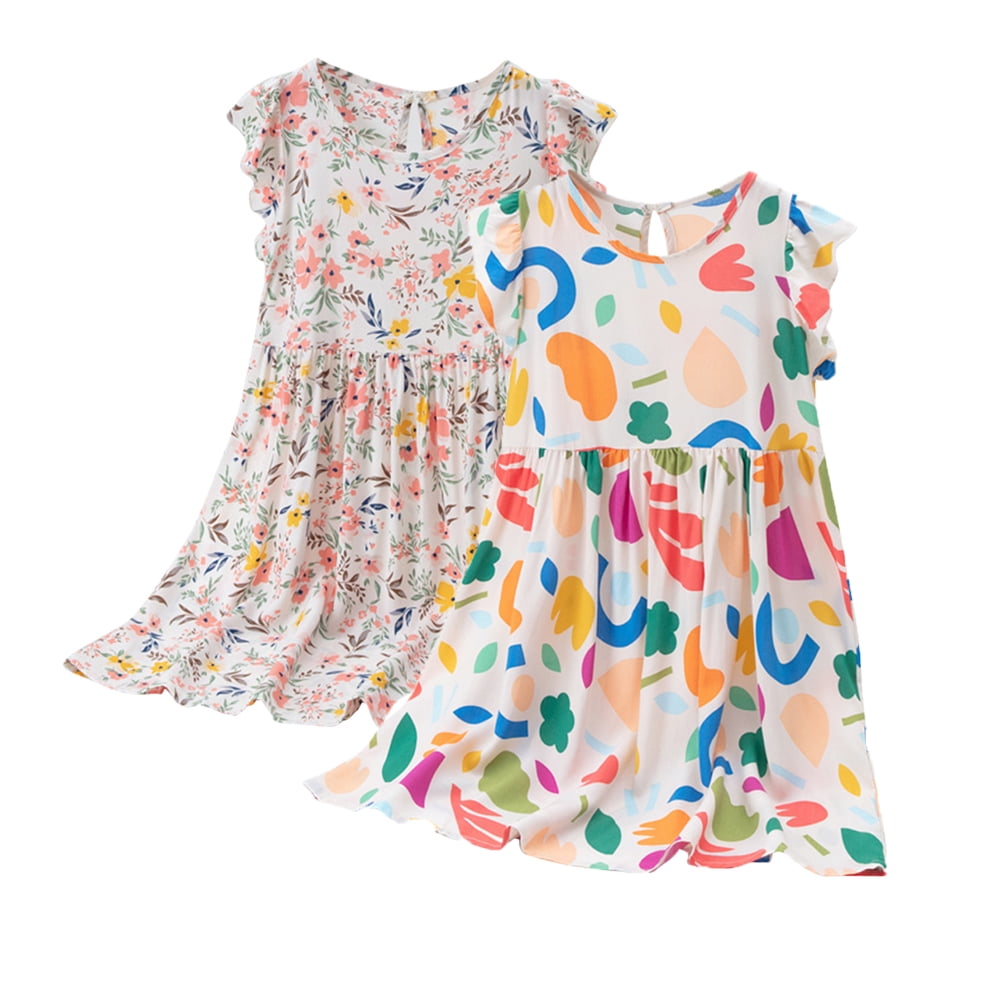 Valcatch Little Girls' 2 Packs Short Sleeve Floral Cotton Dress ...
