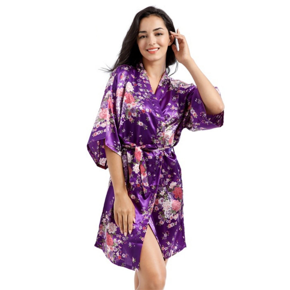 Valcatch Women Kimono Robes Satin Dressing Gown Blossoms Sleep Lounge ...