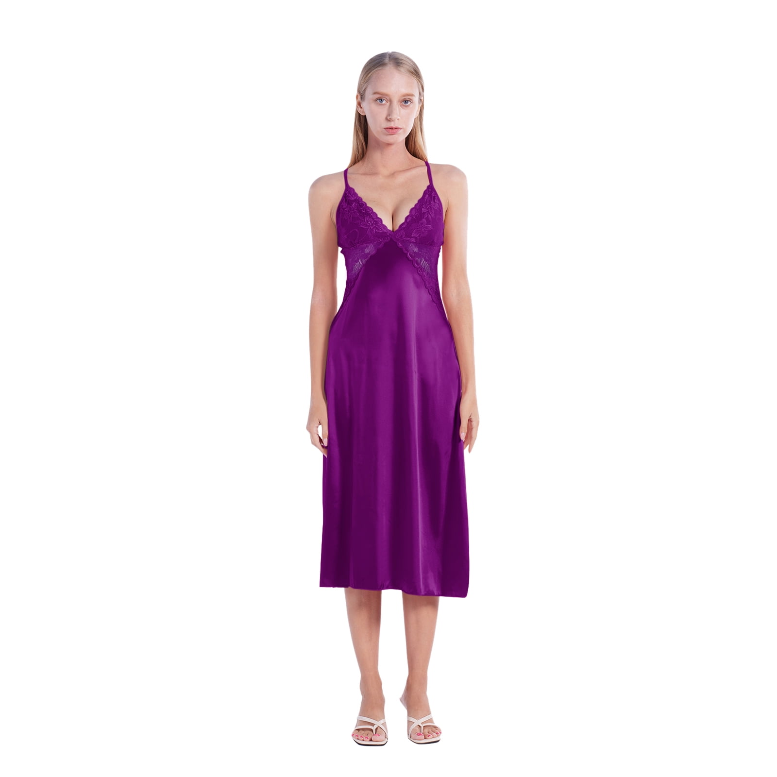 Valcatch Womens Imitation Silk Nightgown Deep V Neck Embroidered Lace