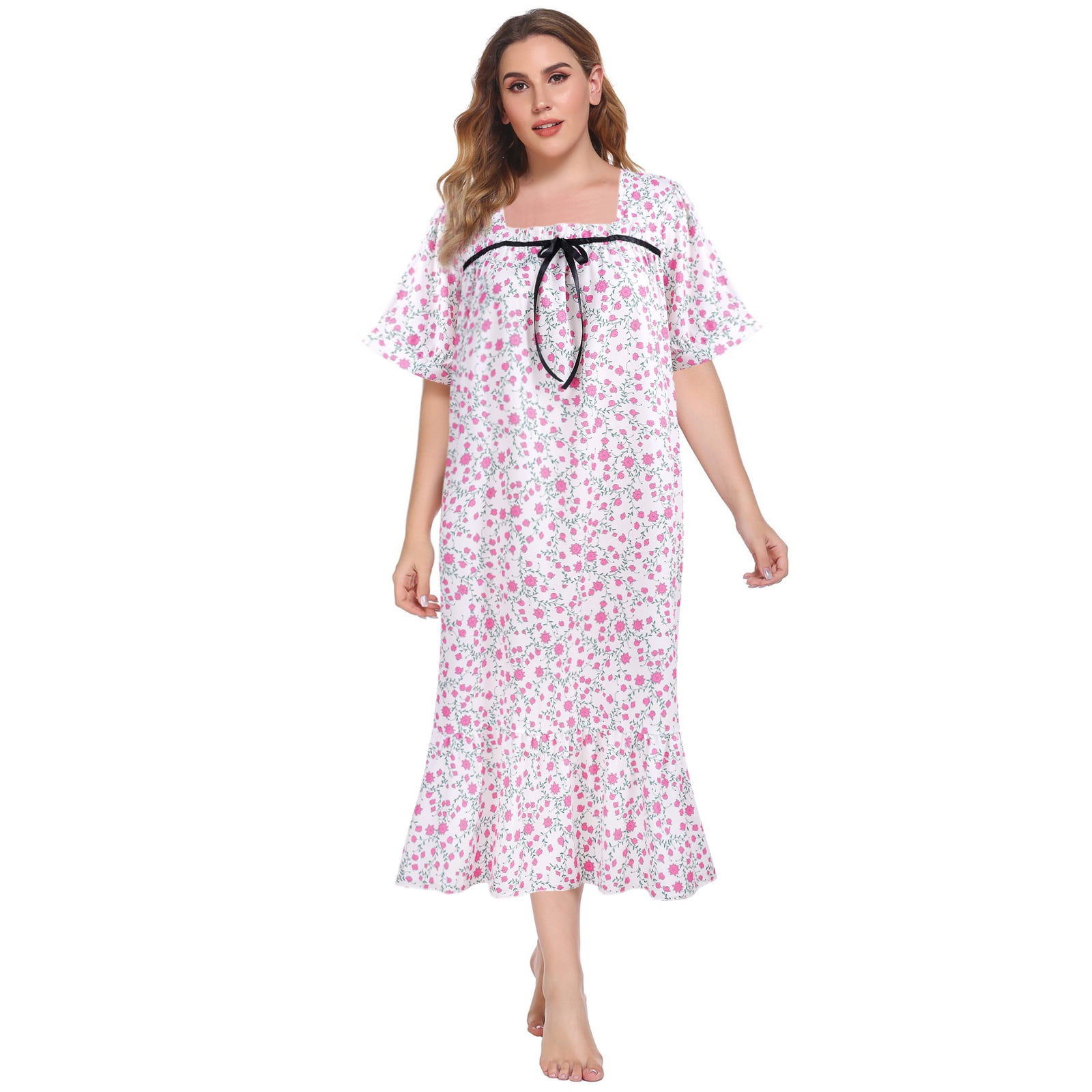 Valcatch Women's Nightgown Plus Size Sleepshirts Short Sleeve Floral ...