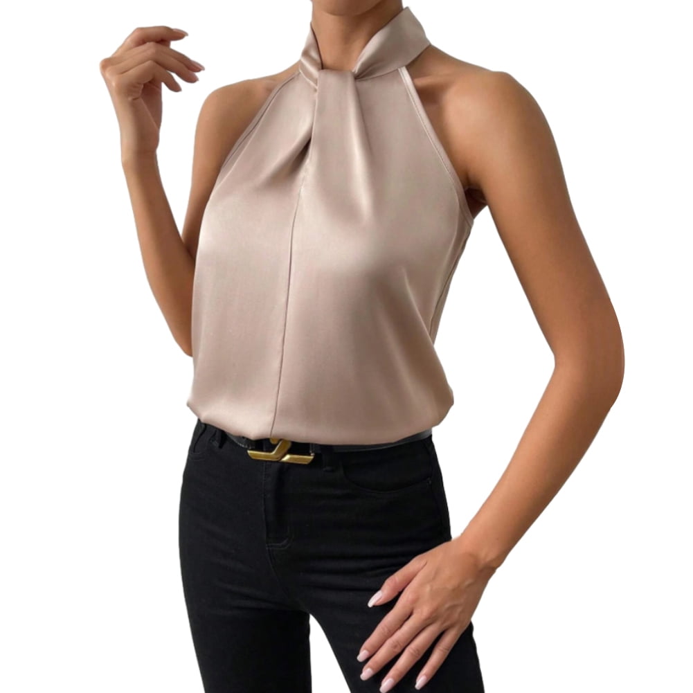 Valcatch Womens Elegant Front Halter Sleeveless Satin Blouse Keyhole ...