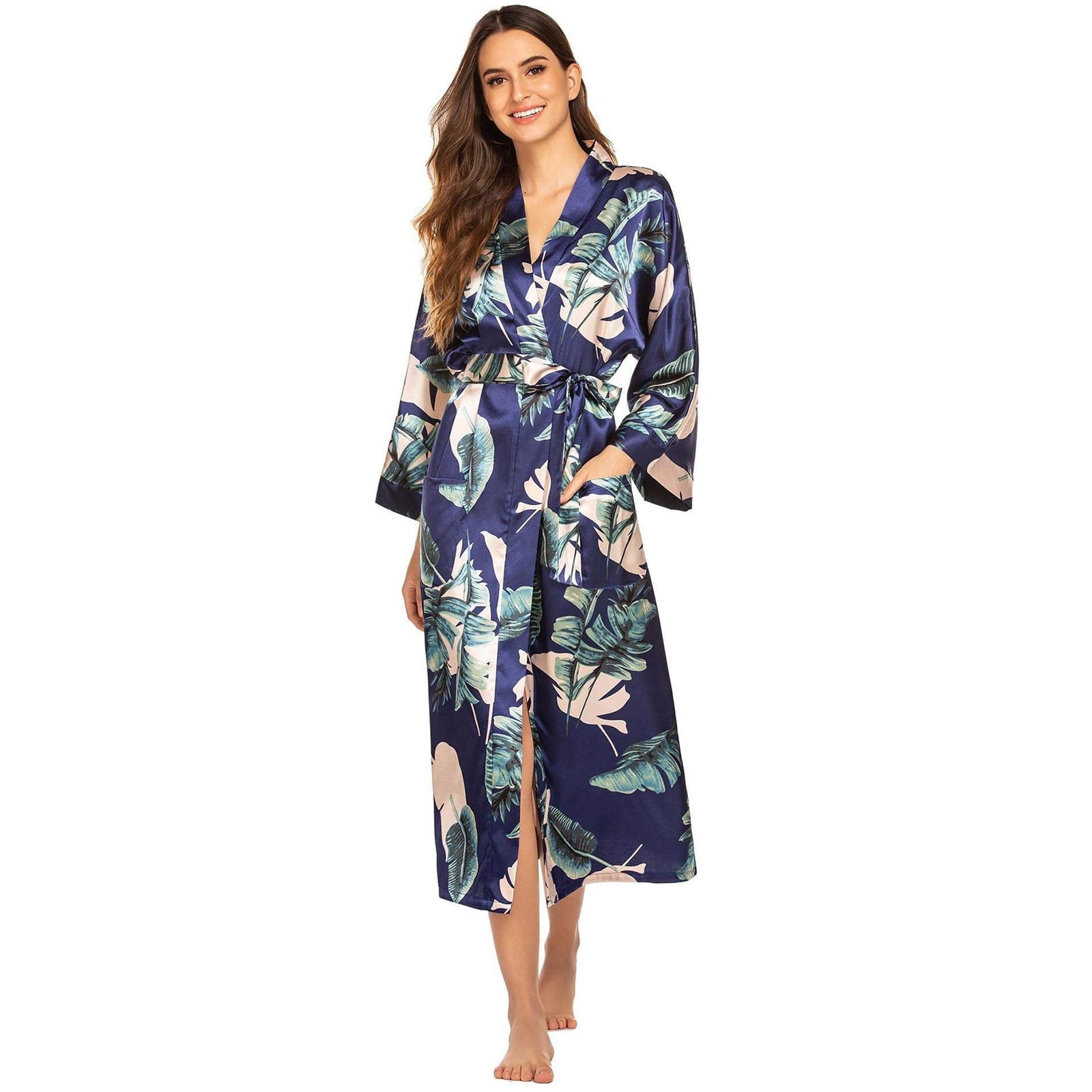 Valcatch Womens Long Floral Brides Satin Robe Silky Ladies Kimono Bathrobe Wedding Robes Getting ...