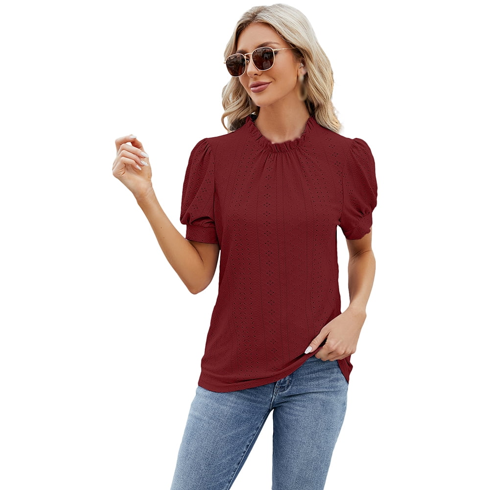 Valcatch Womens Plain Round Neck Cute Short Sleeve Top Pleated Mock ...
