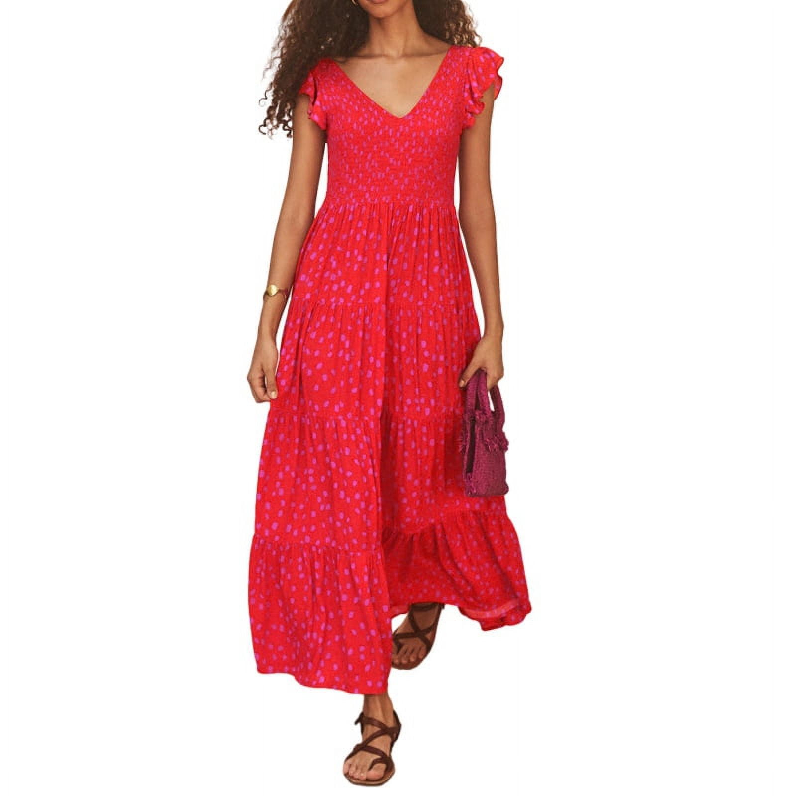 Valcatch Womens Summer Wrap Midi Dress Casual Printed Smocked V Neck ...