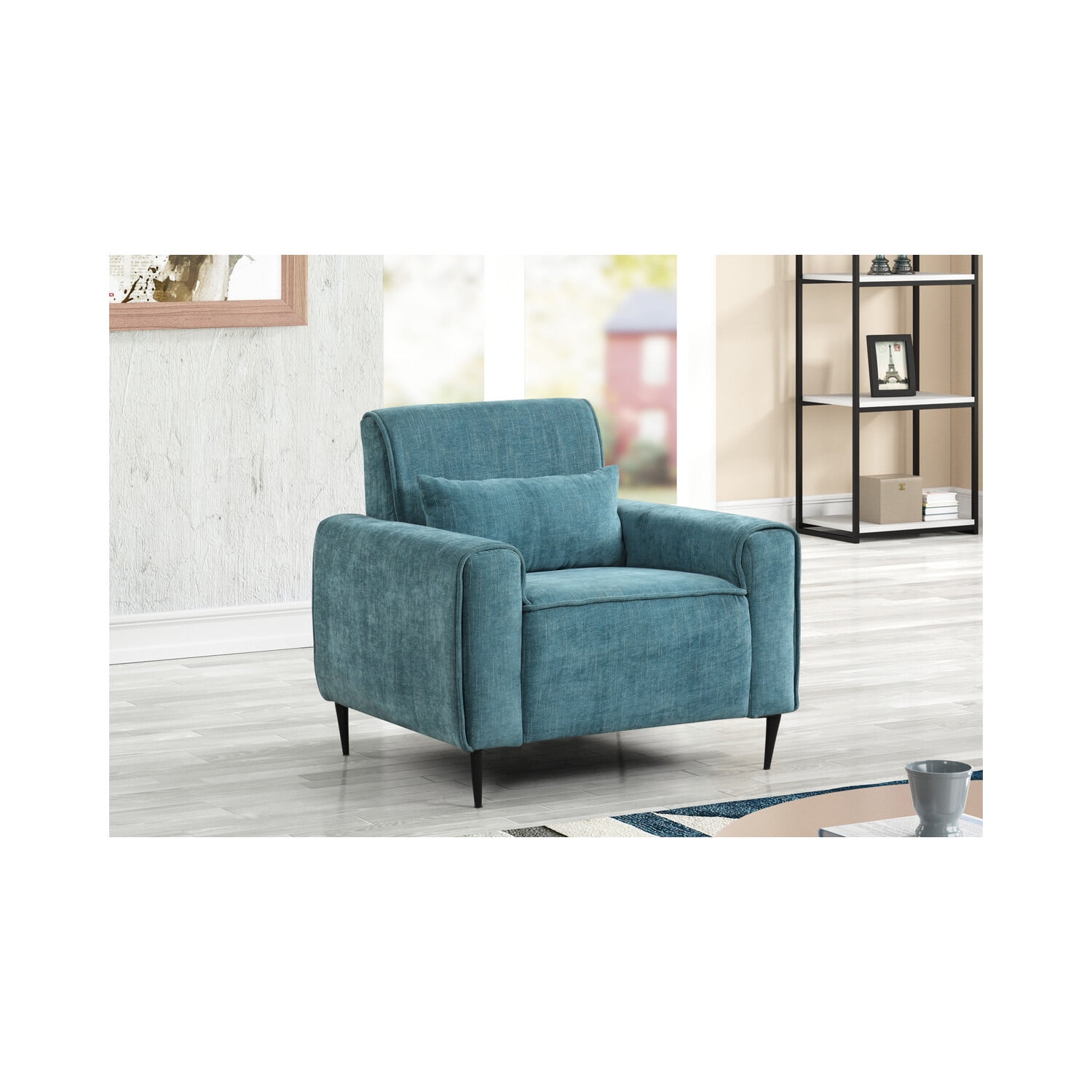Valentina Blue Chenille Chair with Metal Legs and Throw Pillow ...