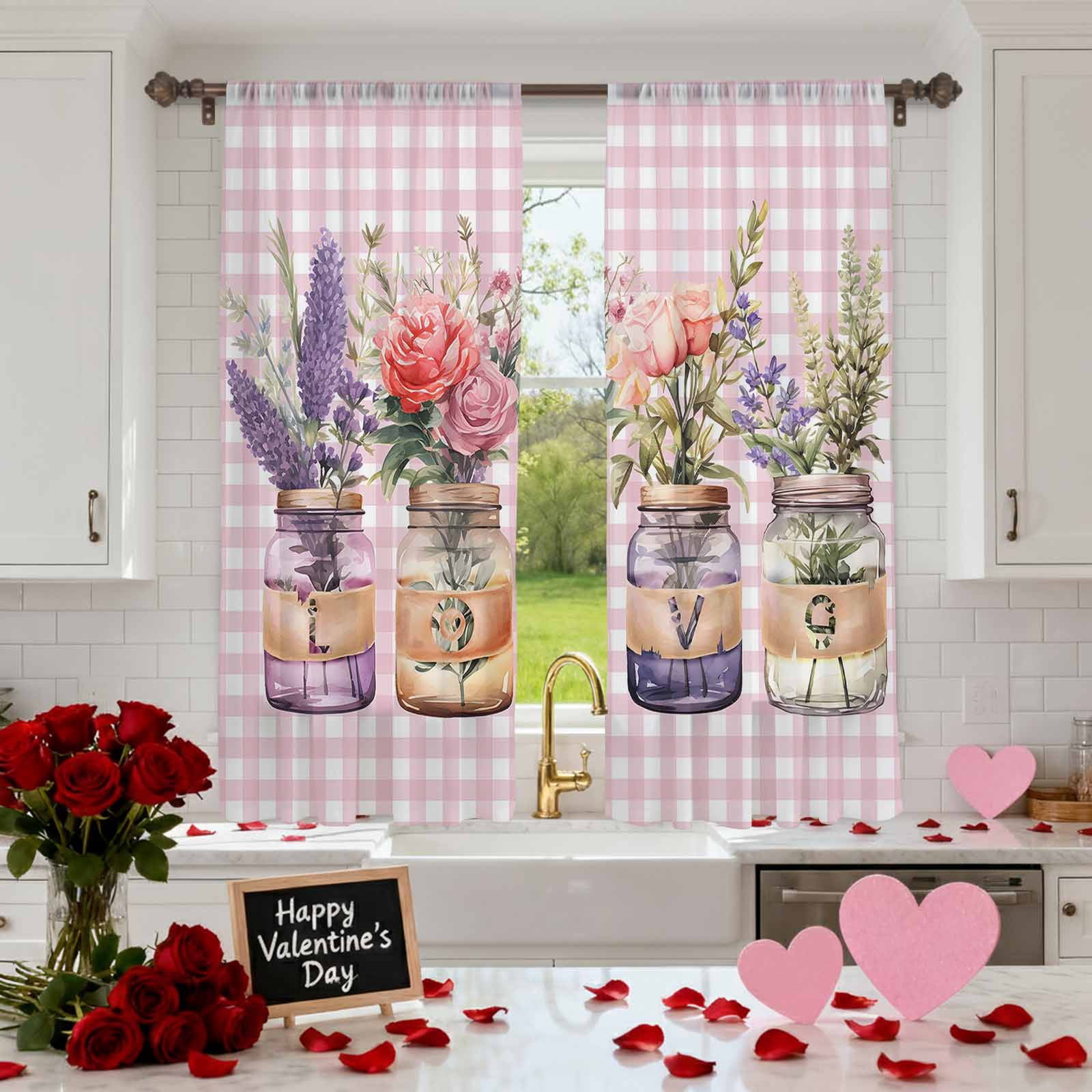 Valentine Blossom Flower Bottle Chiffon Sheer Curtains 63 Inches Long ...