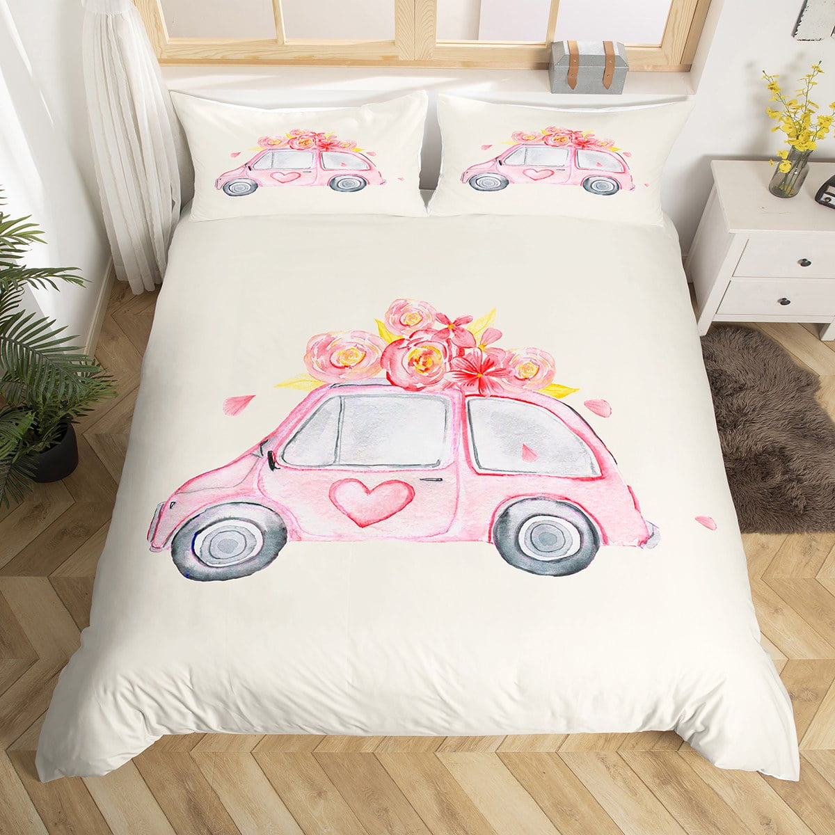 Valentine Car Duvet Cover Romantic Rose Floral Bed Sets Women Kawaii ...