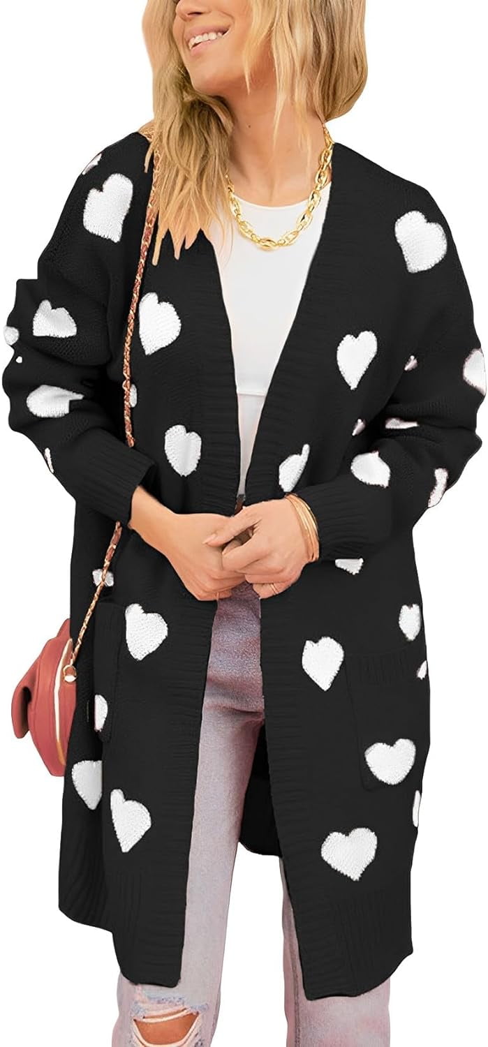 Valentine Cardigan Sweater for Women Love Heart Open Front Long Cardigan Oversized Knit Sweater ...