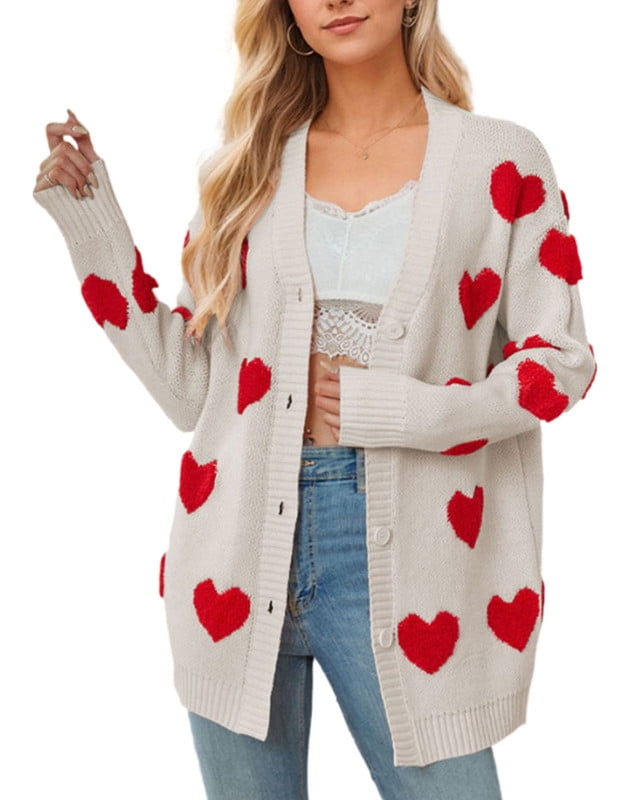 Valentine Cardigans for Women 2024 Cute Fleece Heart Patch Button Down Cardigan Sweaters Shermie ...