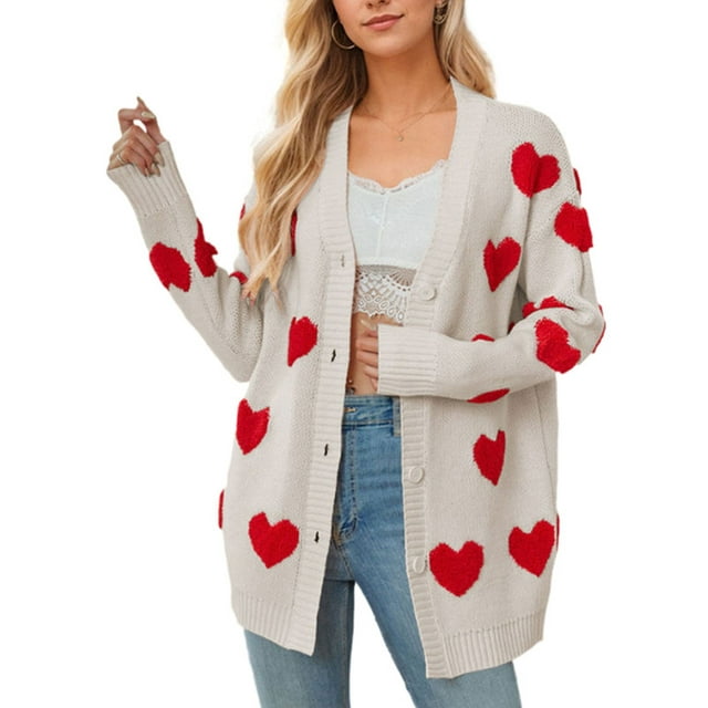 Valentine Cardigans for Women 2024 Cute Fleece Heart Patch Button Down Cardigan Sweaters Shermie ...