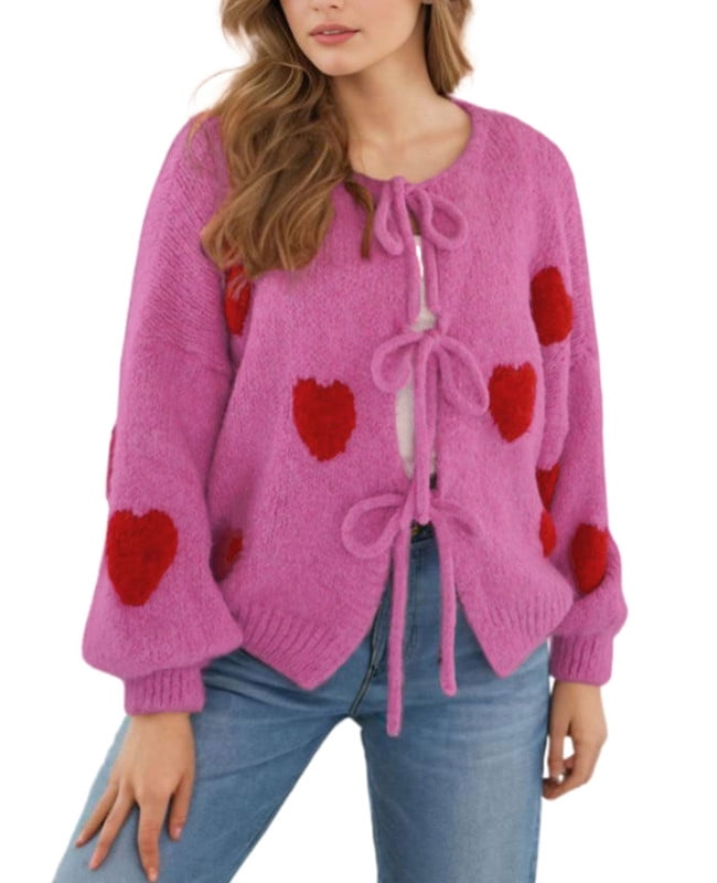 Valentine Cardigans for Women Cute Heart Printed Bow Tie Open Front Puff Sleeves Cardigan ...