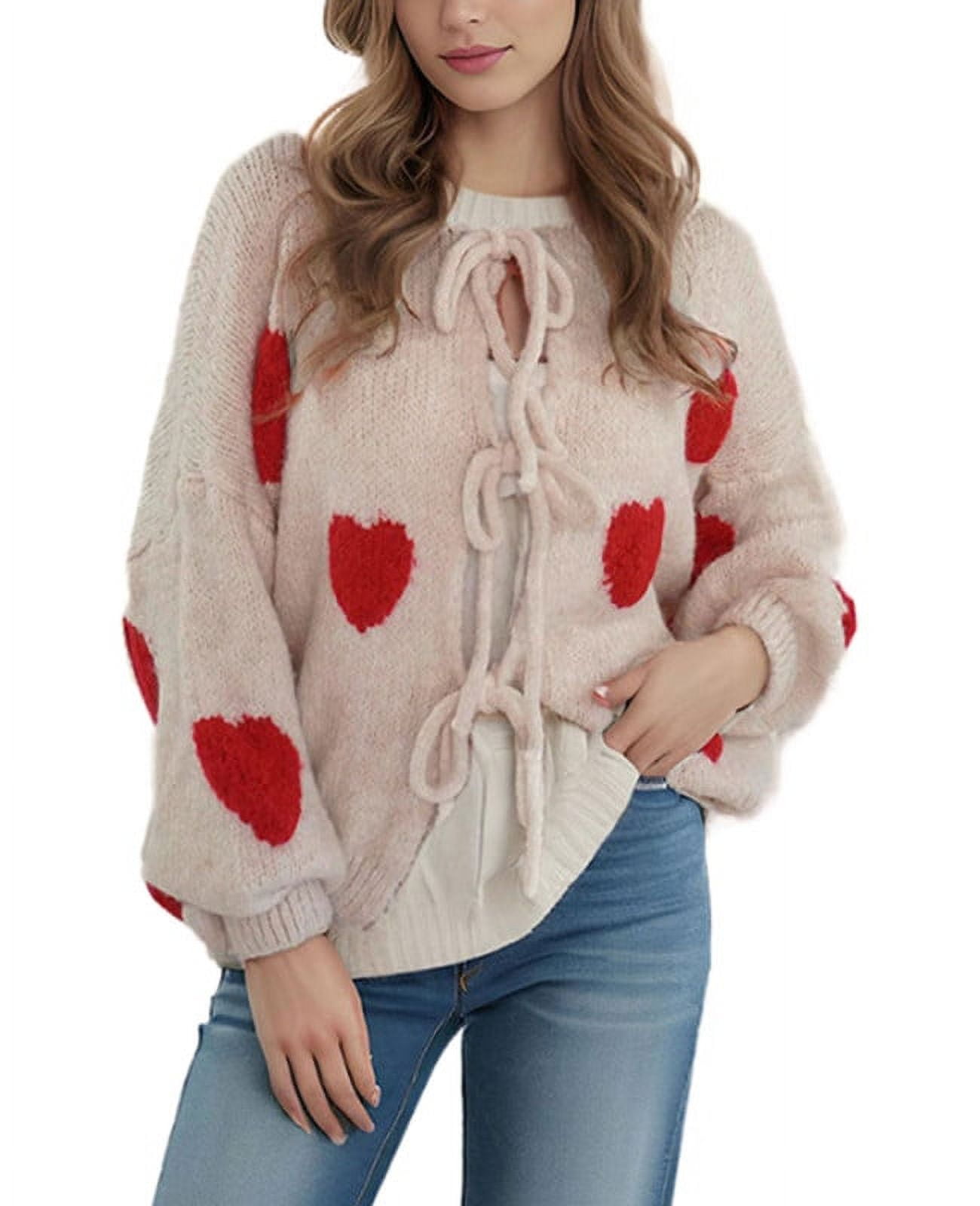 Valentine Cardigans for Women Cute Heart Printed Bow Tie Open Front Puff Sleeves Cardigan ...