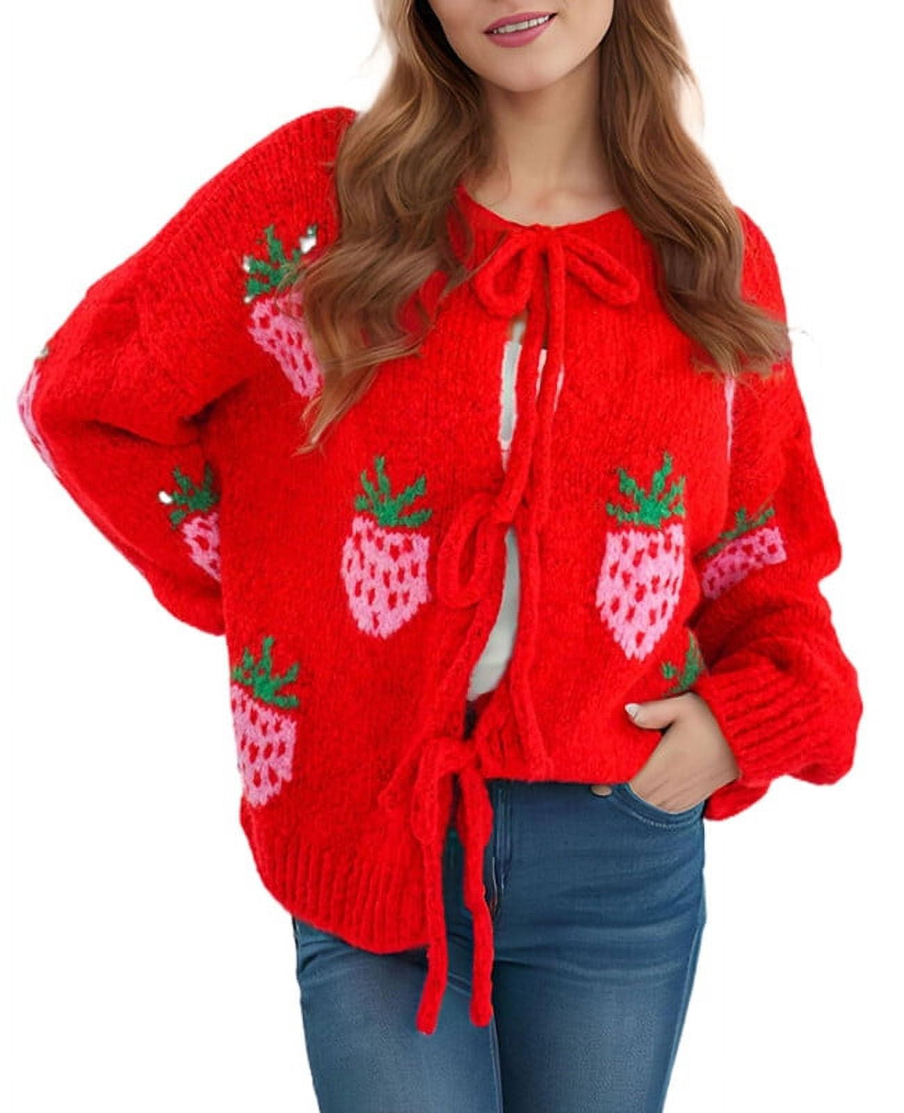 Valentine Cardigans for Women Cute Strawberries Printed Bow Tie Open Front Puff Sleeves Cardigan ...